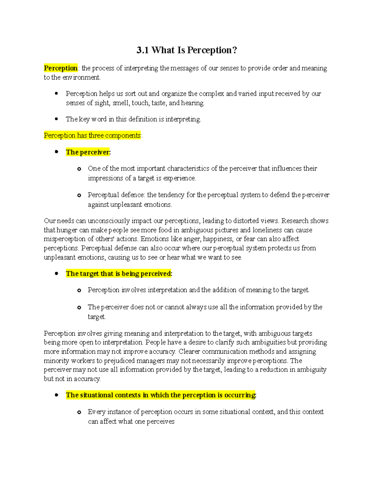 Chapter 3 - Lecture notes. - 3 What Is Perception? Perception: the ...