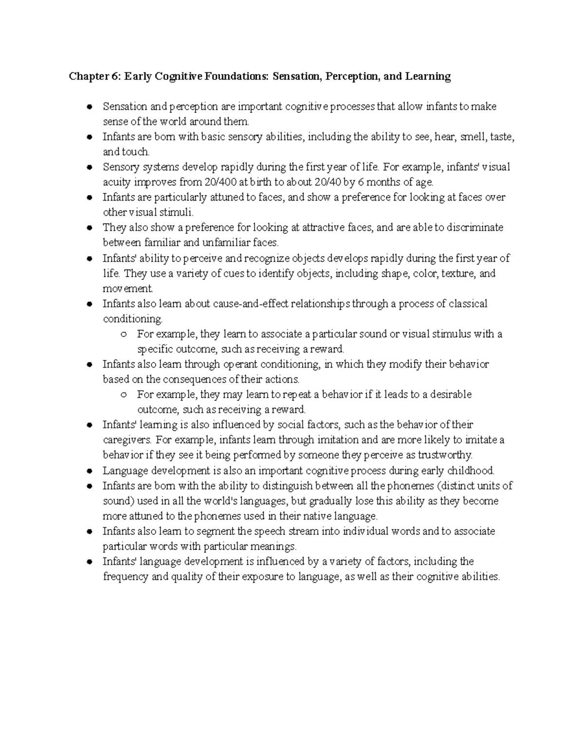 Chapter 6 Notes - Chapter 6: Early Cognitive Foundations: Sensation ...