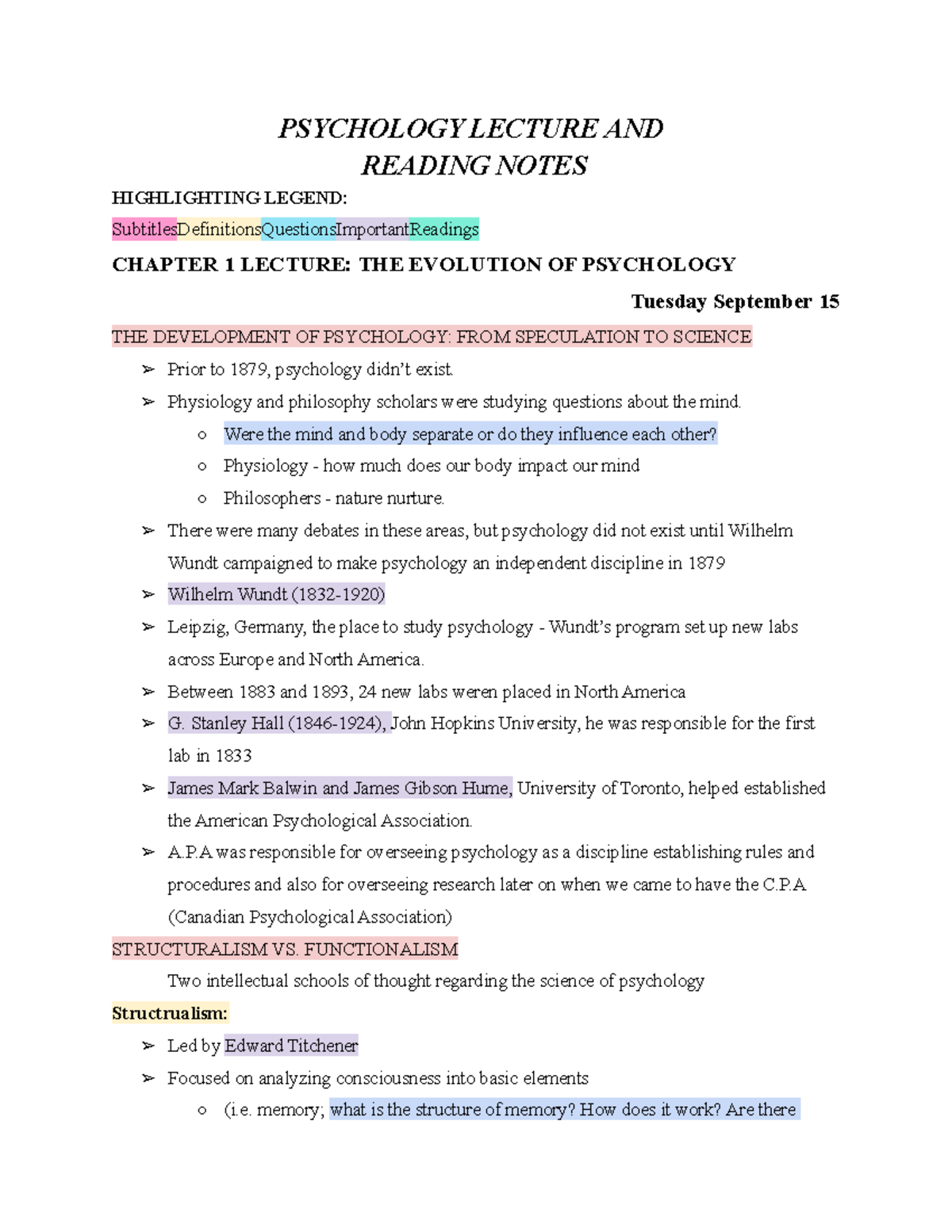 Psychology Lecture Note 1 - PSYCHOLOGY LECTURE AND READING NOTES ...
