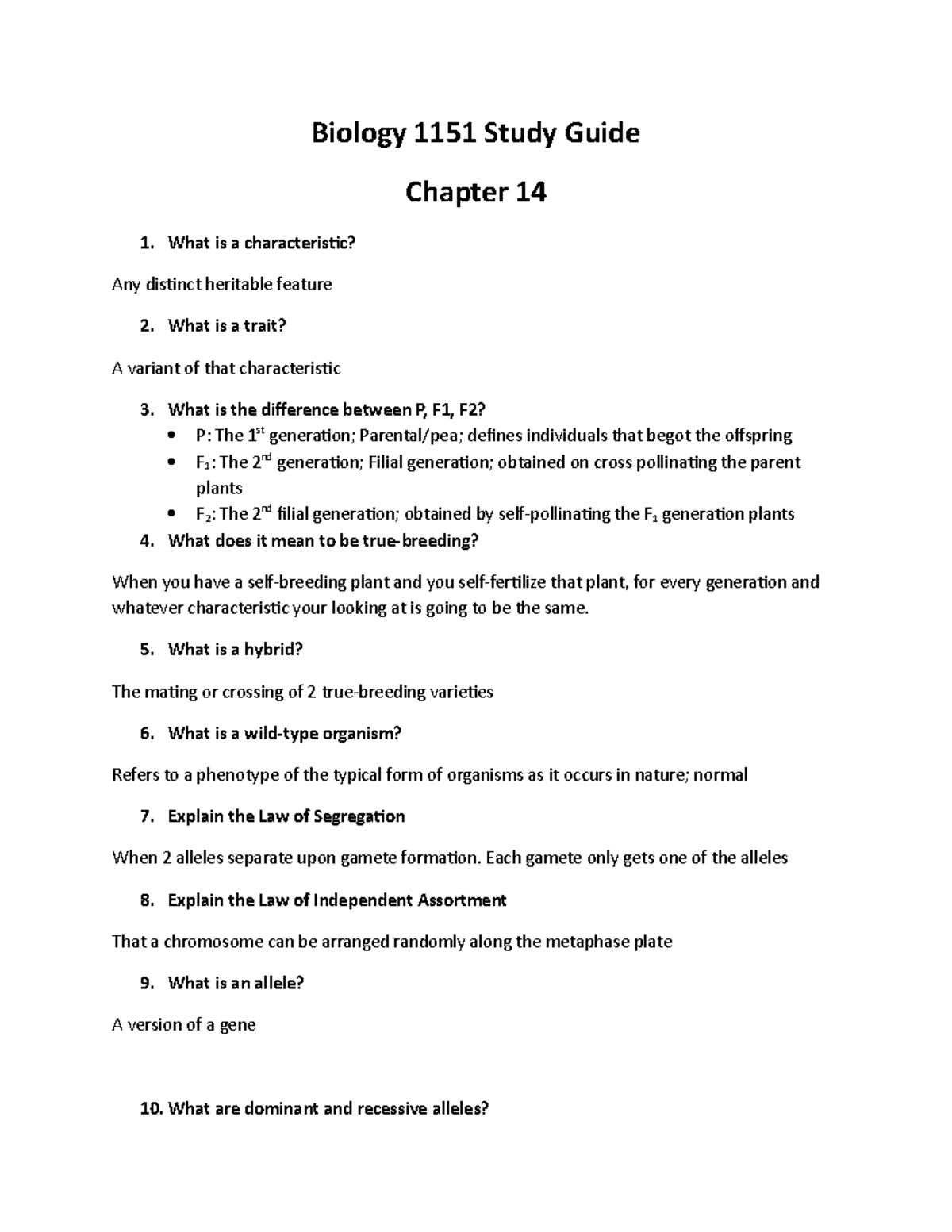 Chapter 14 Study Guide copy - Biology 1151 Study Guide Chapter 14 1 ...