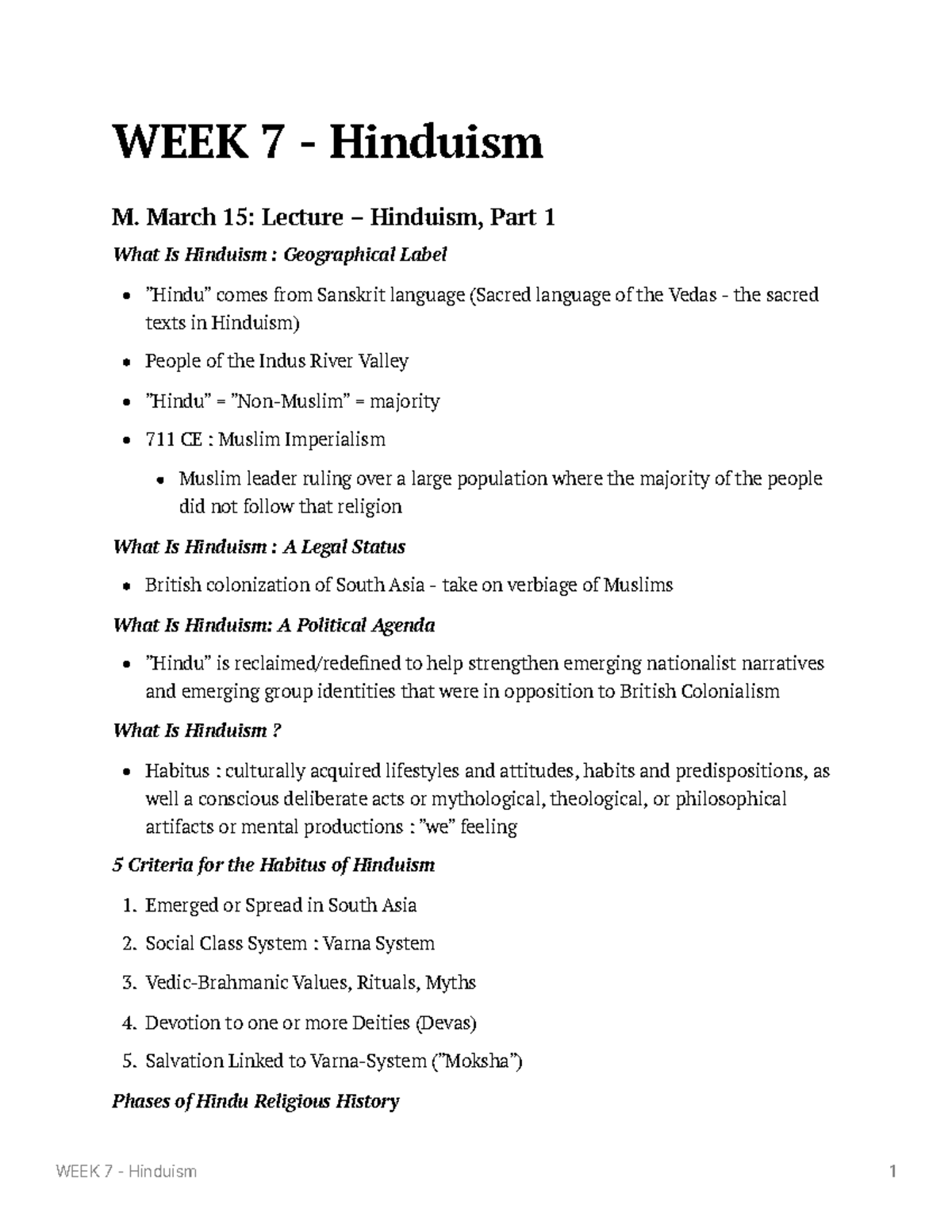 WEEK 7 - Hinduism - Lecture notes 7 - WEEK 7 - Hinduism M. March 15 ...