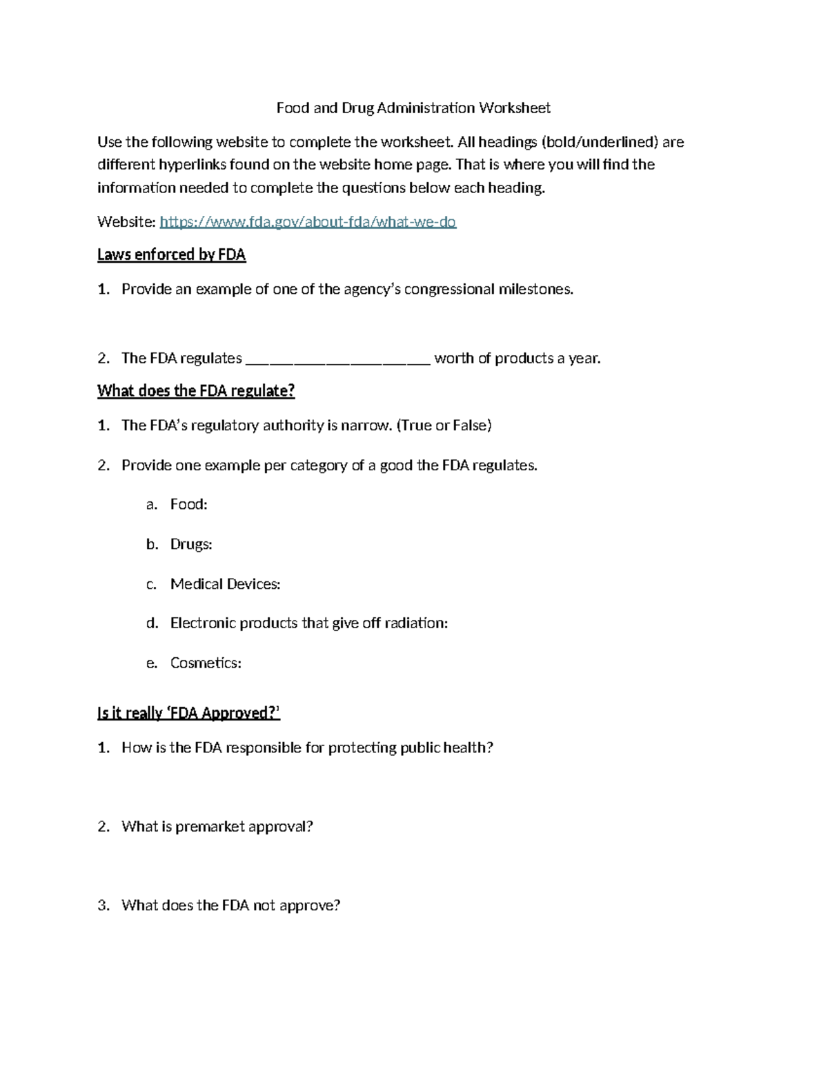 Food and Drug Administration Worksheet - All headings (bold/underlined ...