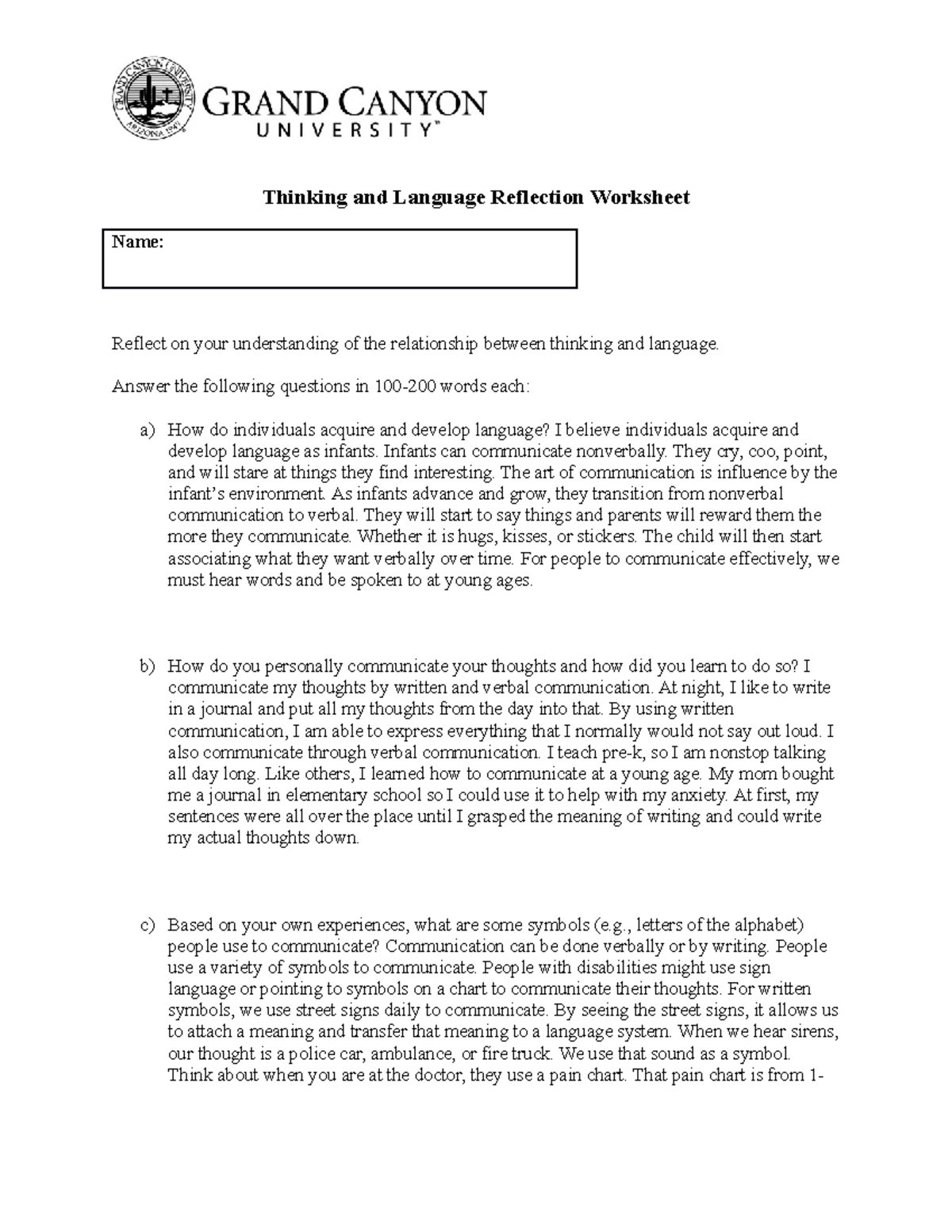 Week 5 Language Assignment - Thinking and Language Reflection Worksheet ...