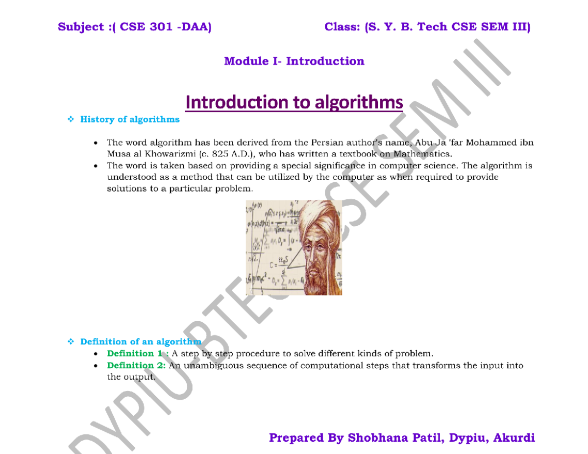 DAA Unit 1 - i'm a student - Subject :( CSE 301 Class: (S. Y. B. Tech CSE SEM Module ...