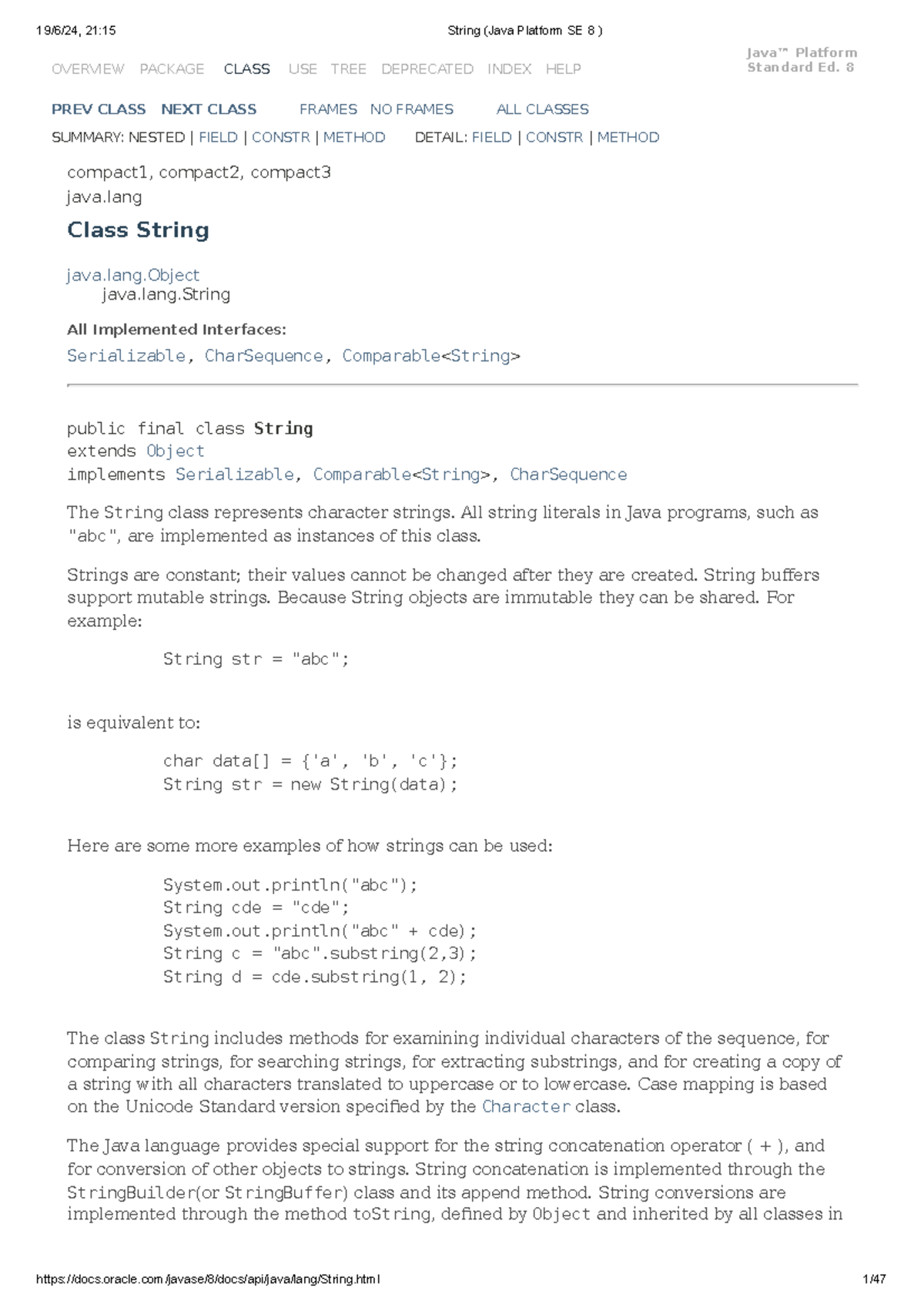 String (Java Platform SE 8 ) - OVERVIEW PACKAGE CLASS USE TREE DEPRECATED INDEX HELP Java ...
