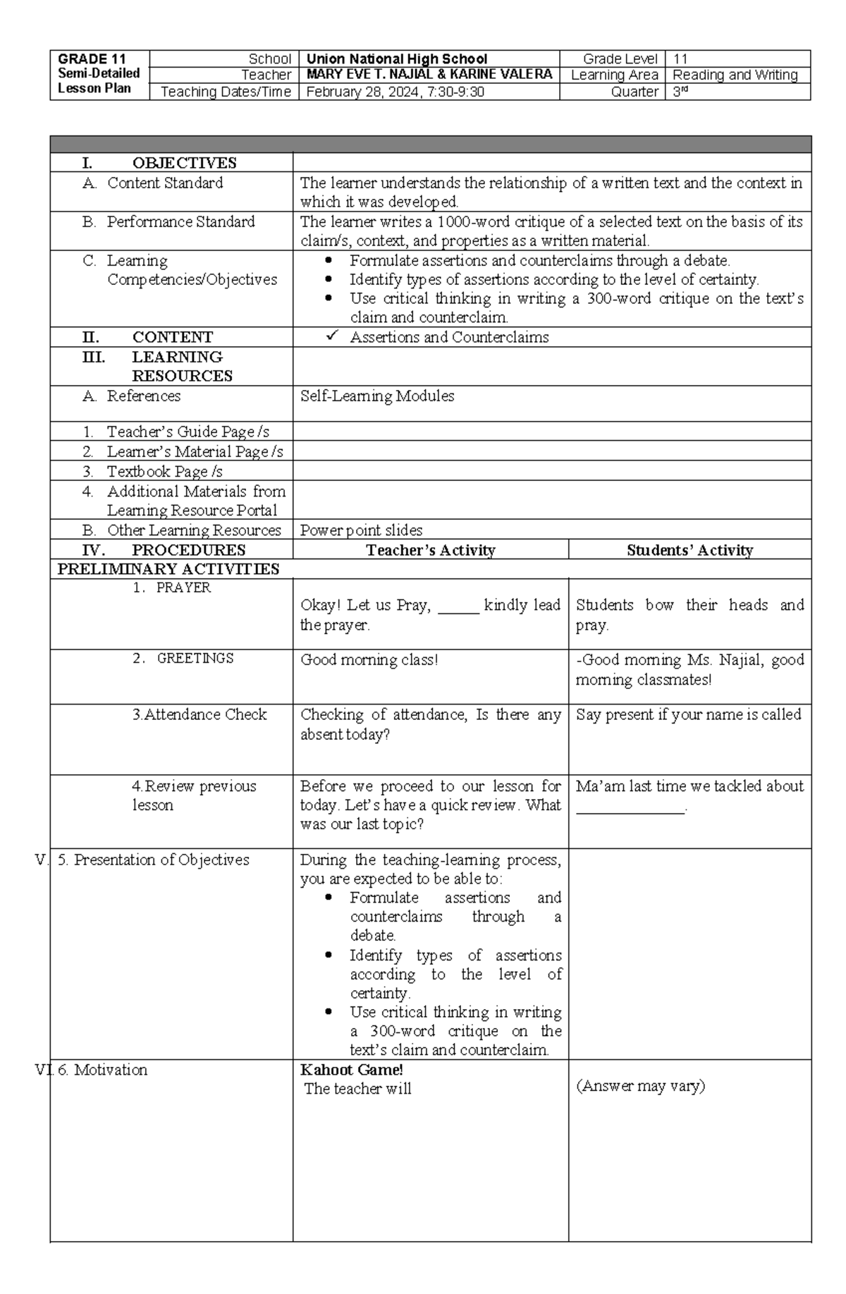 Grade 11 Lesson Plan - GRADE 11 Semi-Detailed Lesson Plan School Union ...