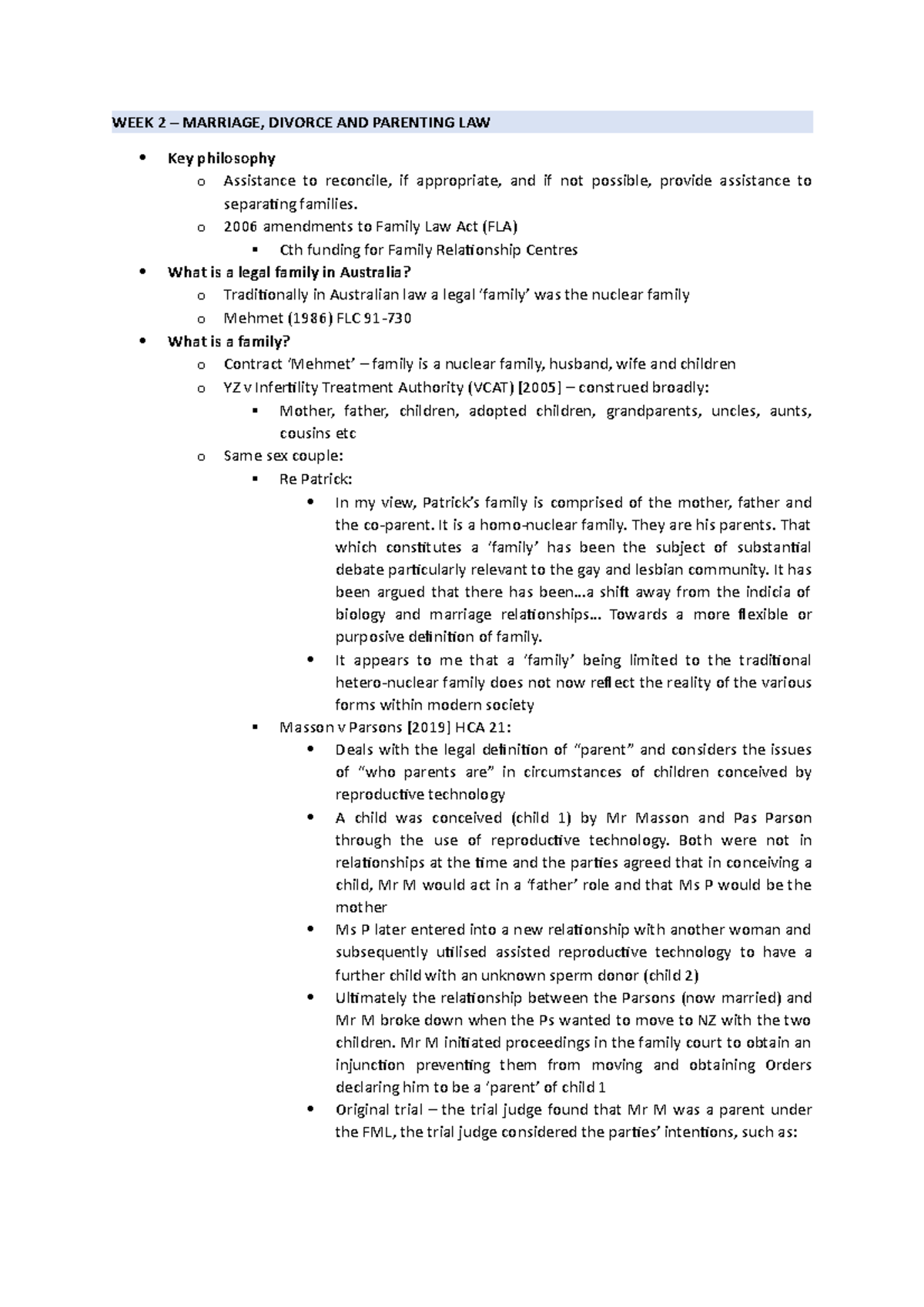 WEEK 2 – Marriage, Divorce AND Parenting LAW AND Workshop - WEEK 2 ...