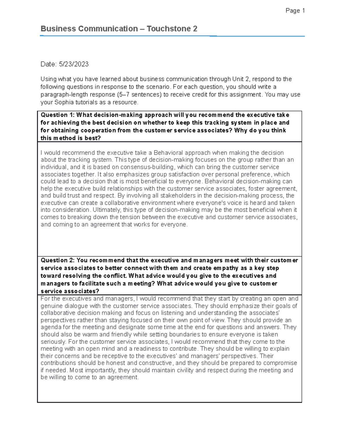 Bus Comm Touchstone 2 - Coursework - Page 1 Date: 5/23/ Using what you ...