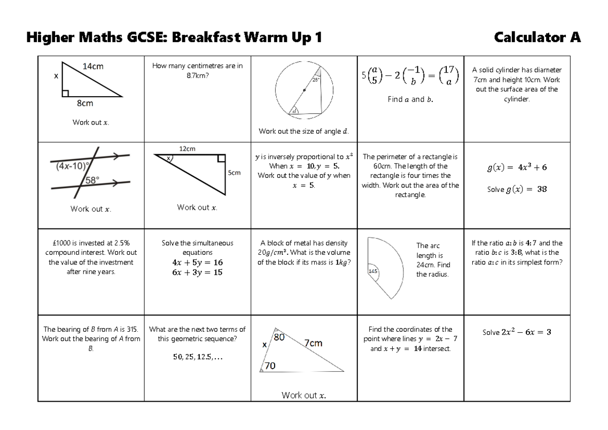 Breakfast-warm-ups-Higher Q - Higher Maths GCSE: Breakfast Warm Up 1 ...