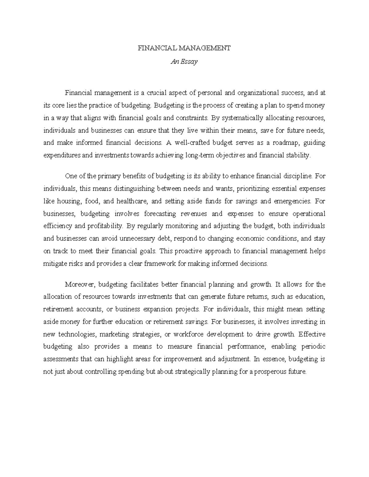 Financial Management - Essay - FINANCIAL MANAGEMENT An Essay Financial ...