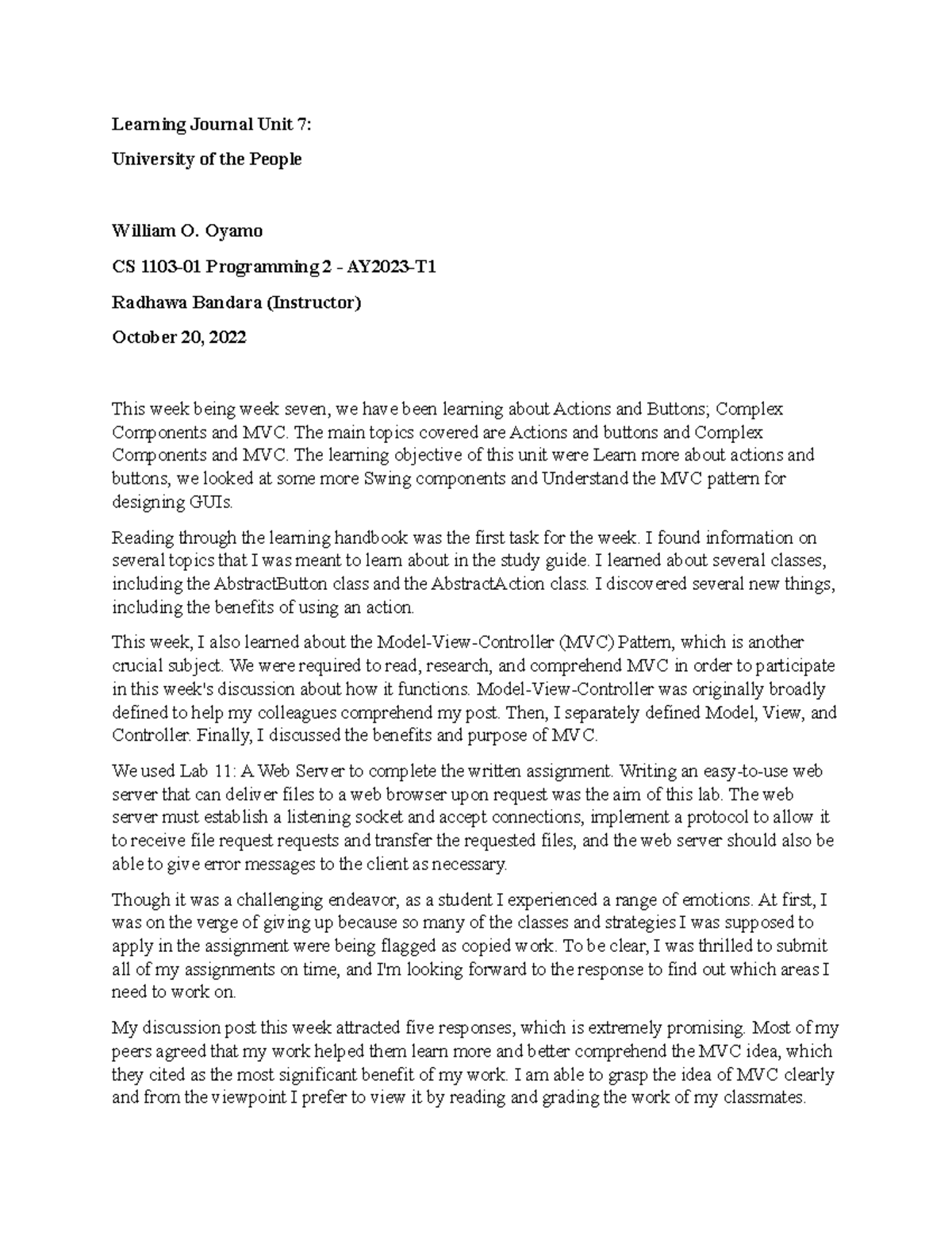 Learning Journal Unit 7 - Oyamo CS 1103-01 Programming 2 - AY2023-T Radhawa Bandara (Instructor ...