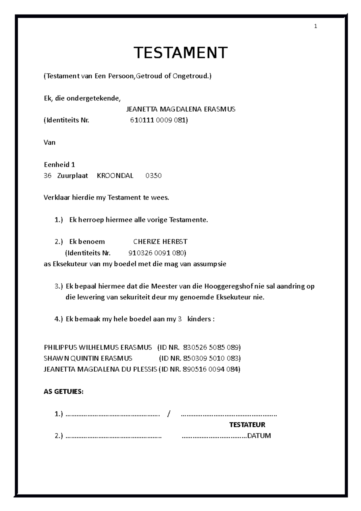 Testament Voorblad - testemant - TESTAMENT (Testament van Een Persoon ...