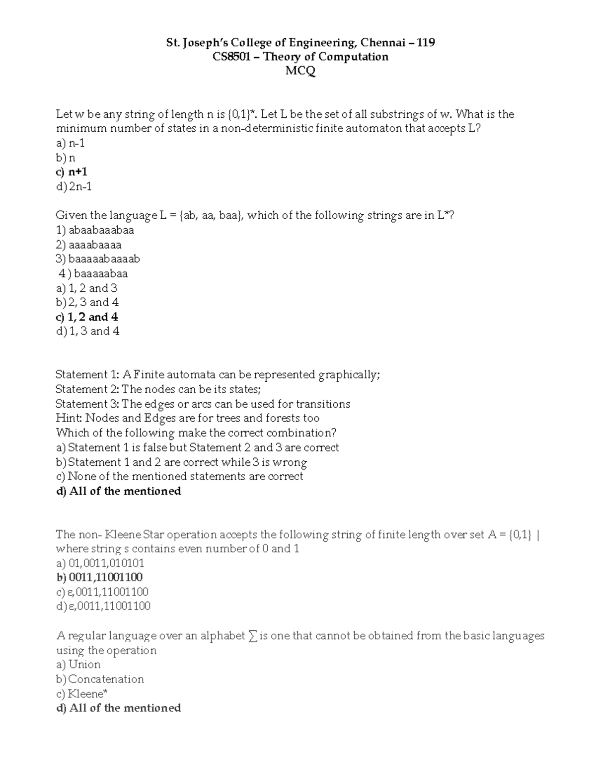 Theory Of Computation Mcqs St Josephs College Of Engineering
