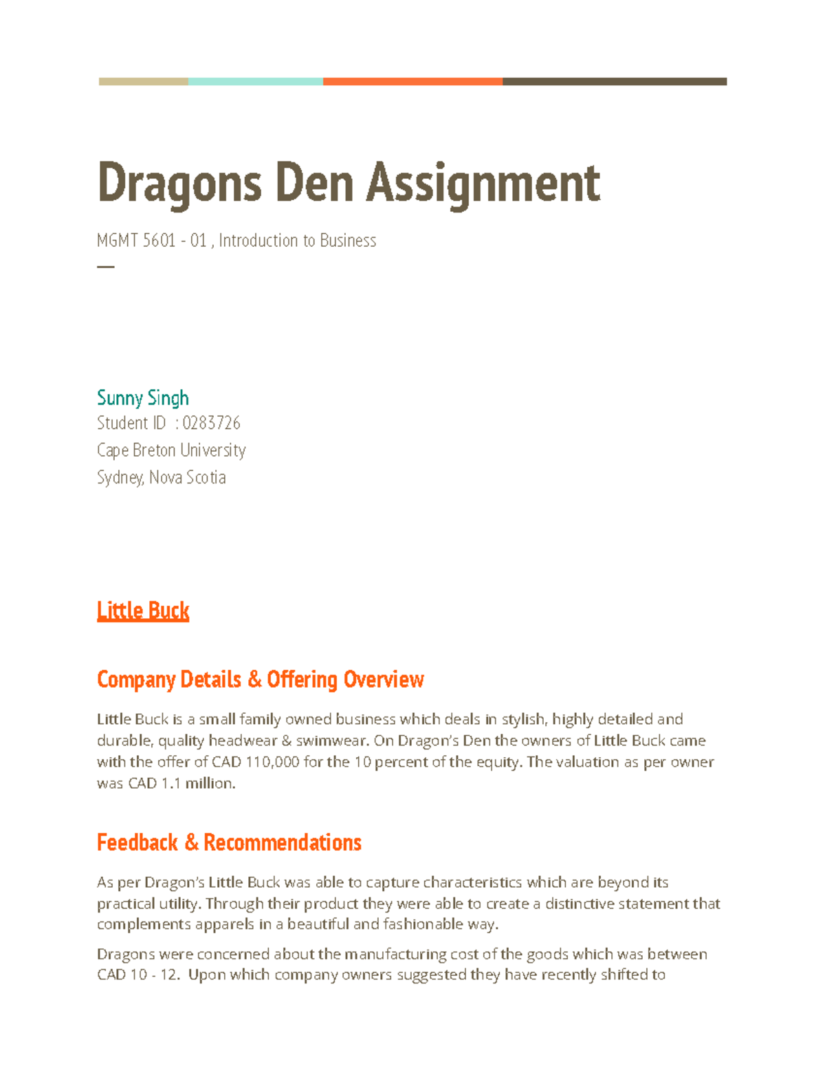 Dragon's Den Assignement - Sunny Singh - Dragons Den Assignment MGMT ...