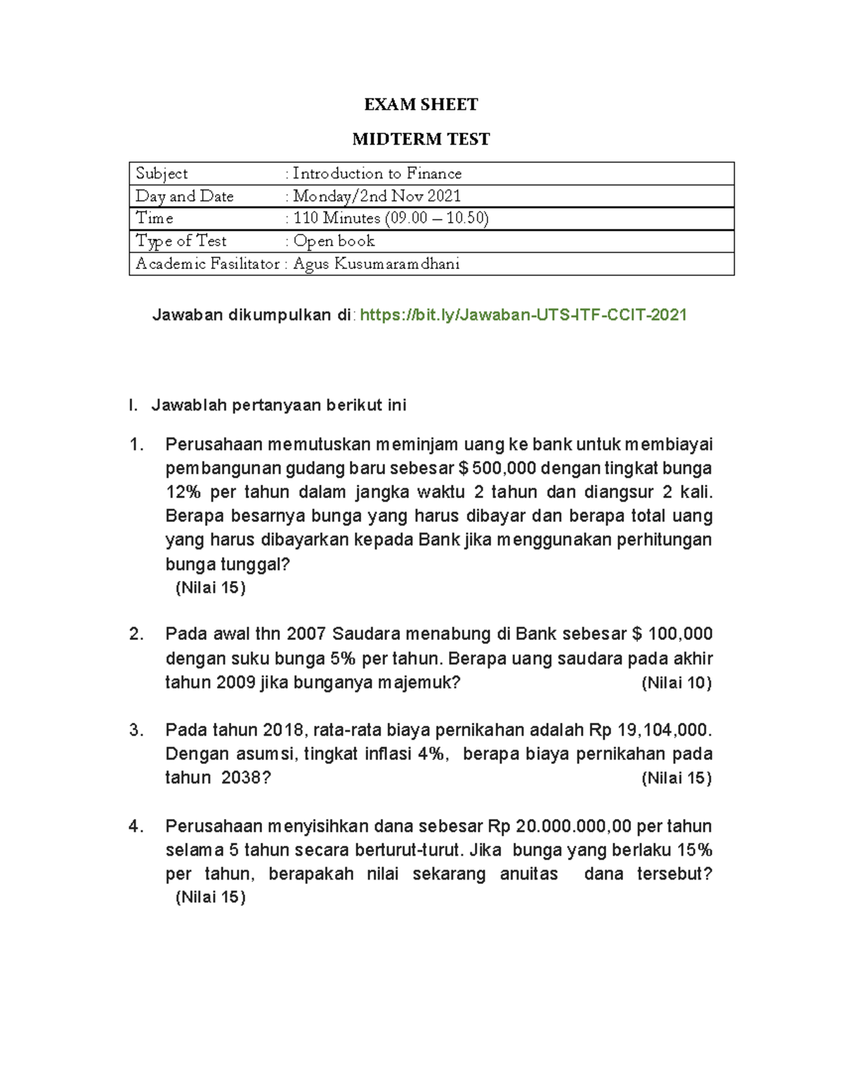 Soal UTS 2021 - soal uts 21 - EXAM SHEET MIDTERM TEST Subject ...