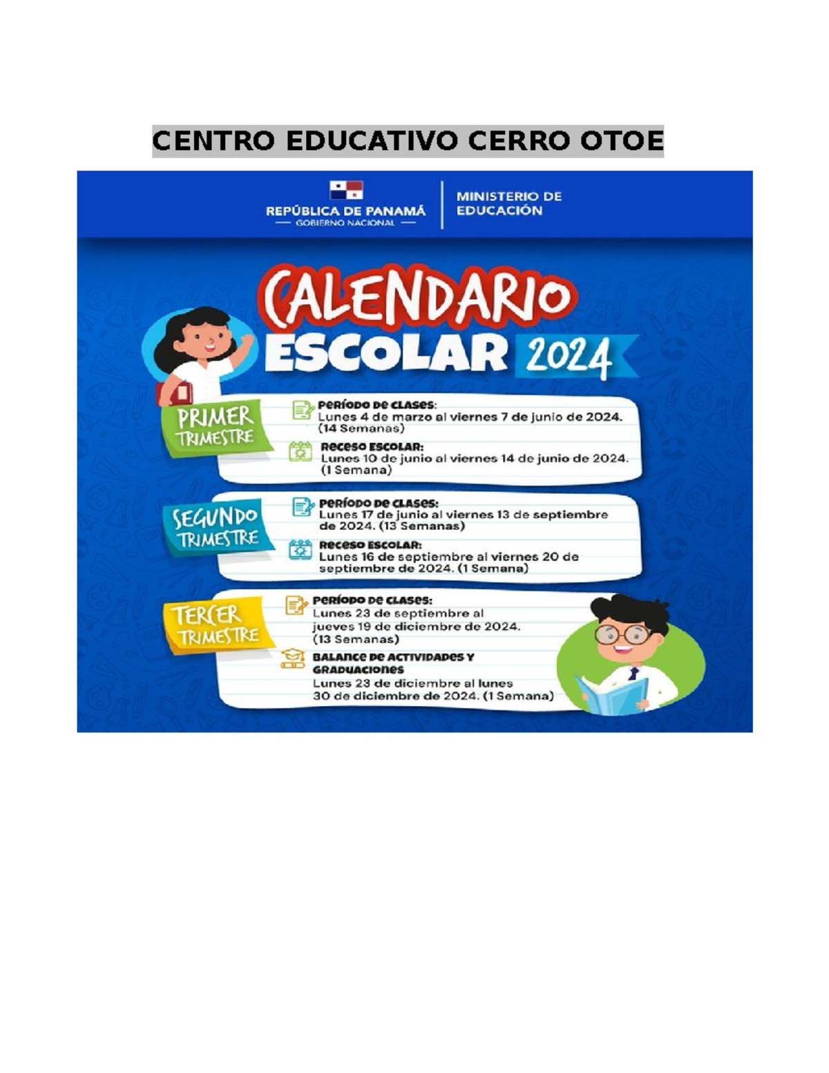 Calendario Escolar - CENTRO EDUCATIVO CERRO OTOE MINISTERIO DE ...