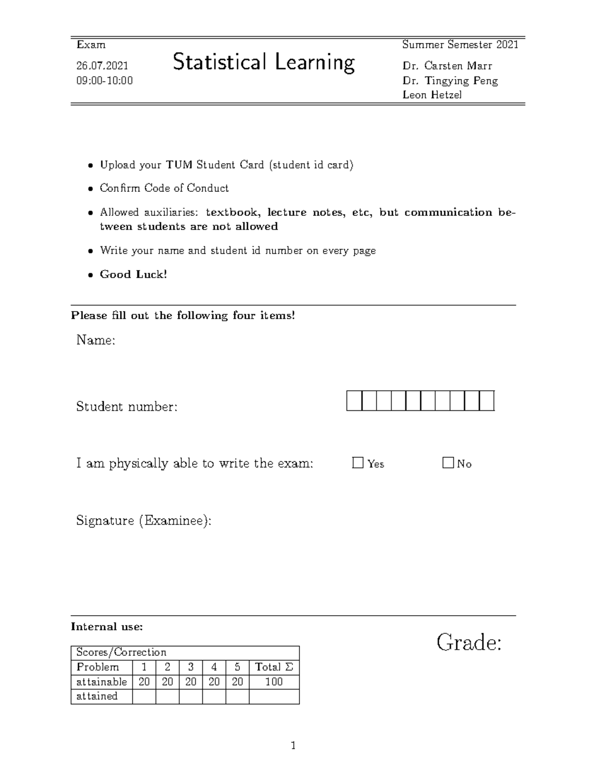 Exam 2020summer Statistical Learning 1500 Exam 26 07 Summer