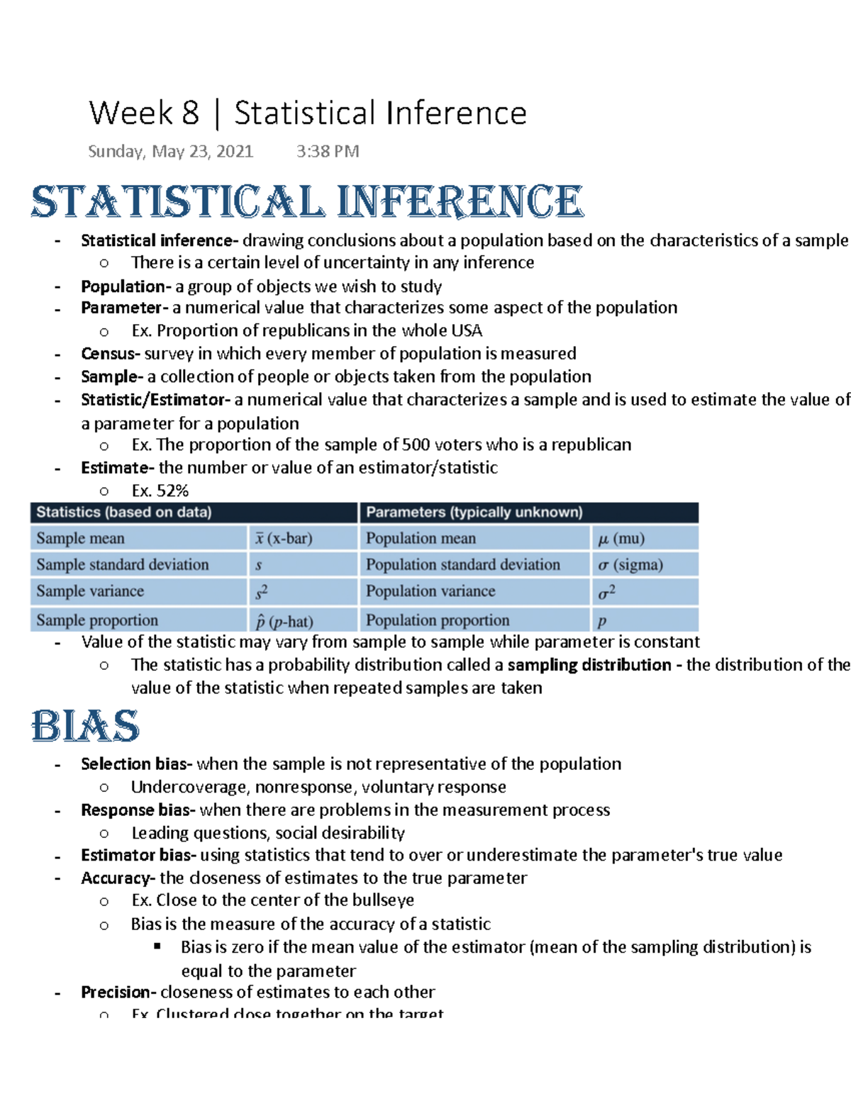 Stats Week 8 Statistical Inference - Stats 10 - UCLA - Studocu