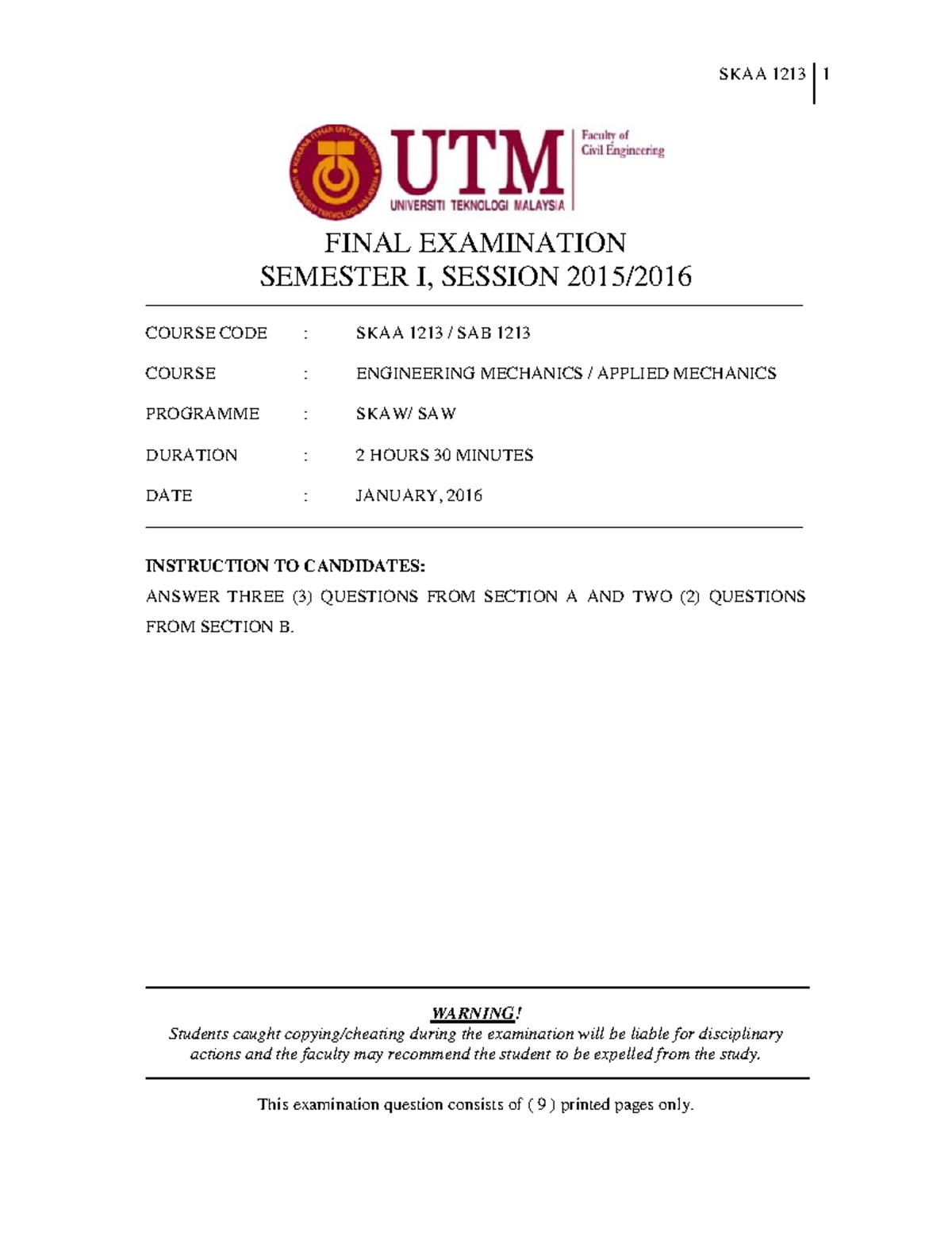 Exam January 2016, questions - SKAA 1213 1 FINAL EXAMINATION SEMESTER I ...