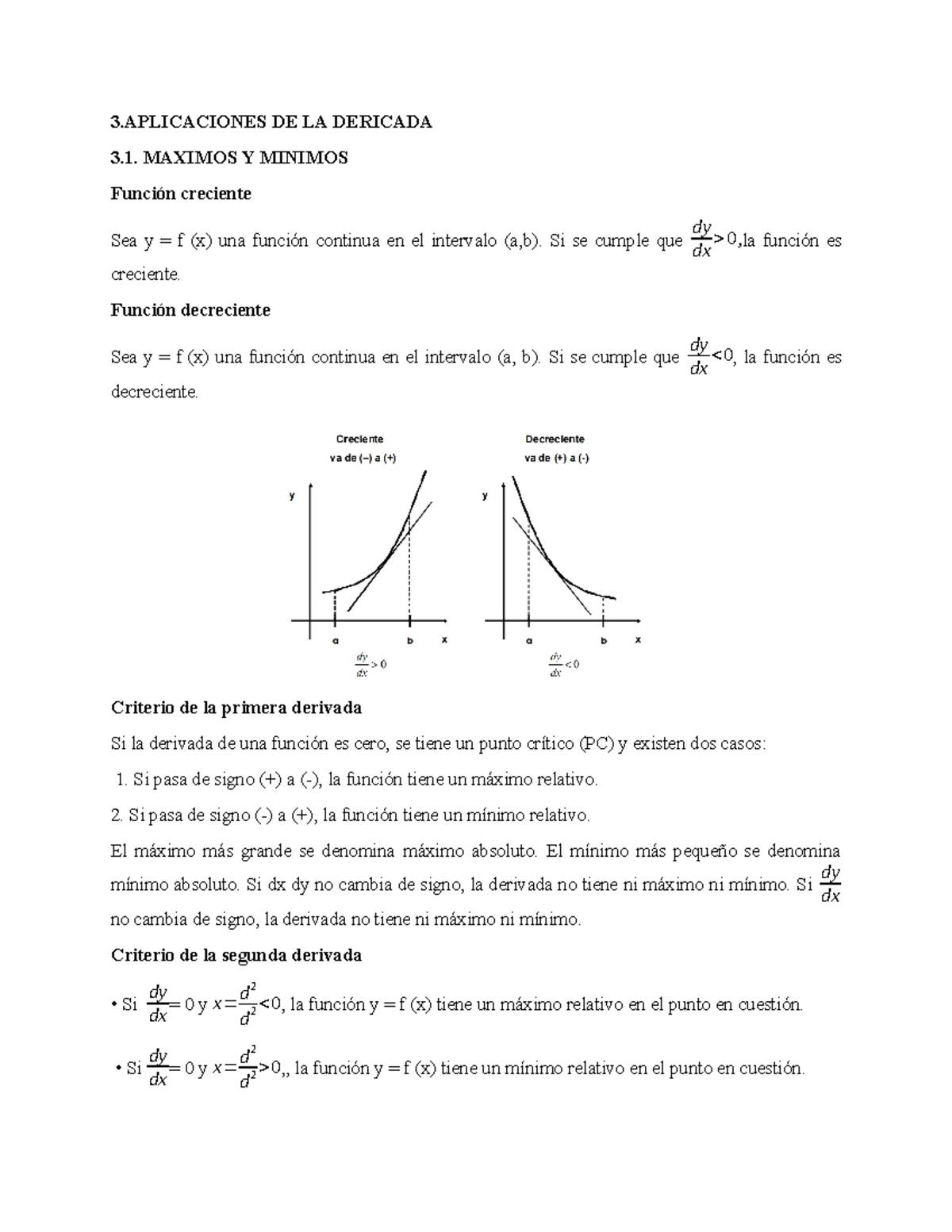 Aplicaciones DE LA Derivada parte 2 - 3 DE LA DERICADA MAXIMOS Y MINIMOS Función creciente Sea y ...