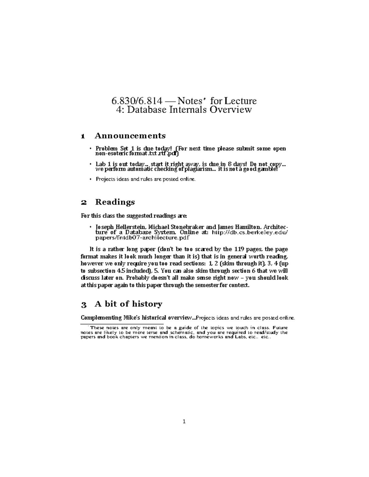 Introduction To Database Internals Cc 68306 — Notes ∗ For Lecture 4 Database Internals