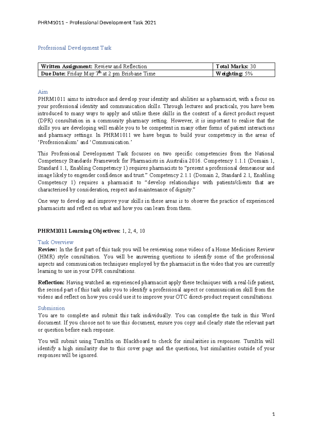 PHRM1011 Professional Development Task 2021 - Professional Development Task Written Assignment ...