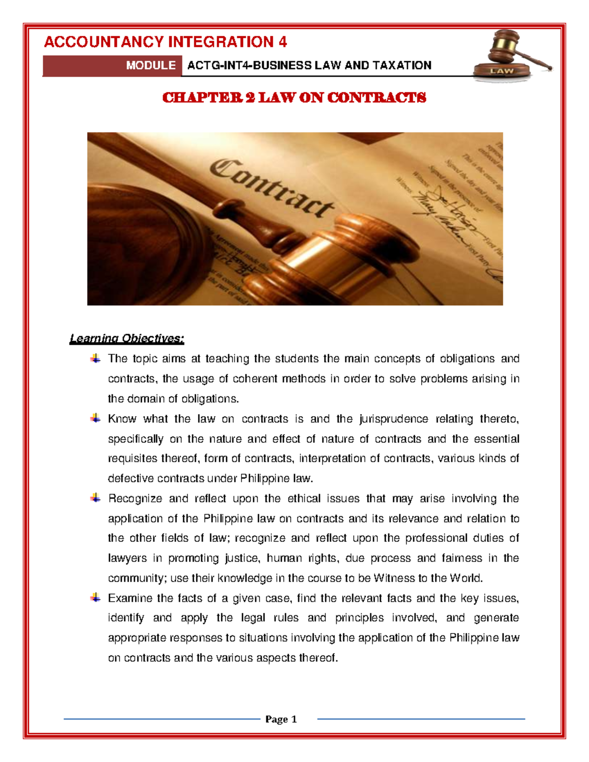 Chapter 2 LAW ON Contracts - MODULE ACTG-INT4-BUSINESS LAW AND TAXATION ...