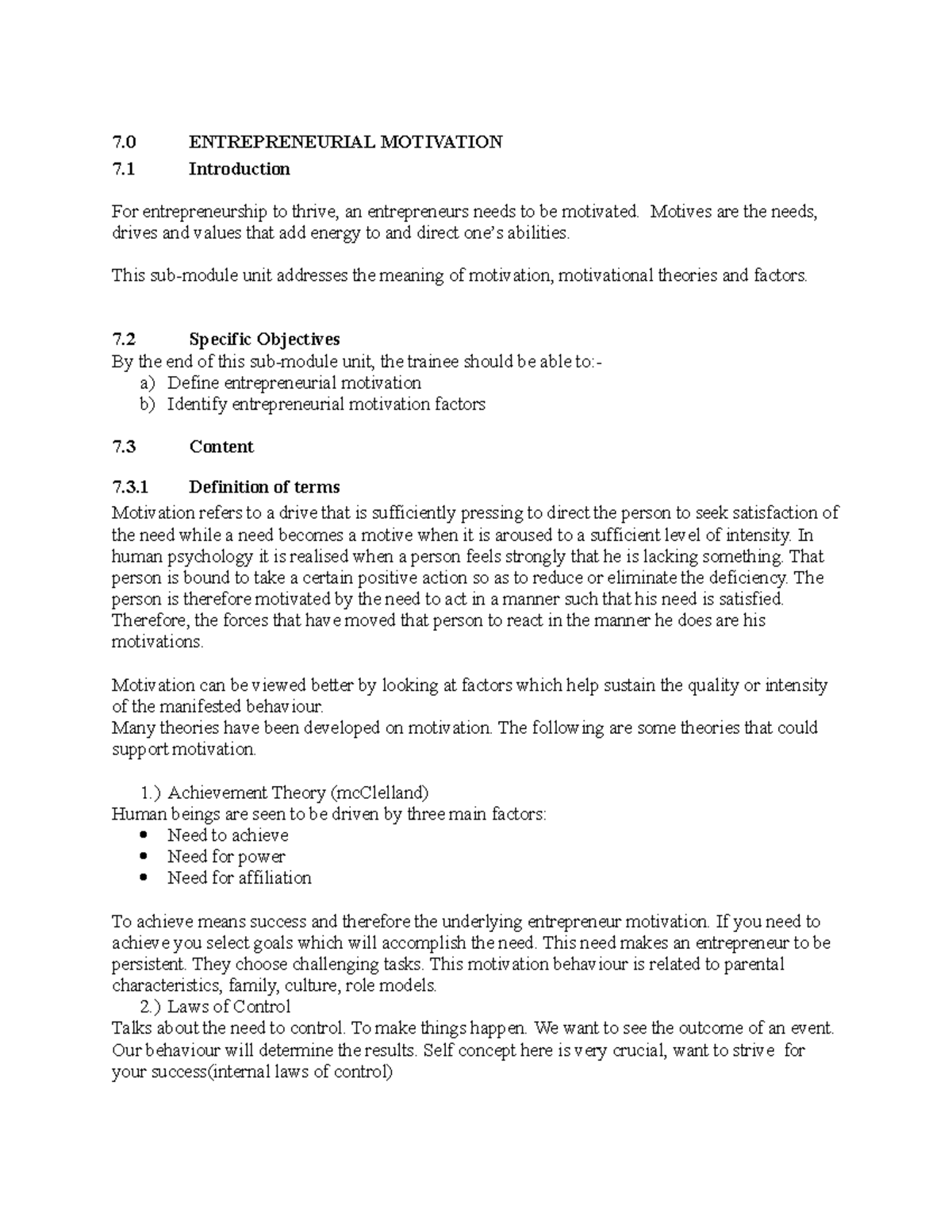 Entrepreneurship Motivation - 7 ENTREPRENEURIAL MOTIVATION 7 ...