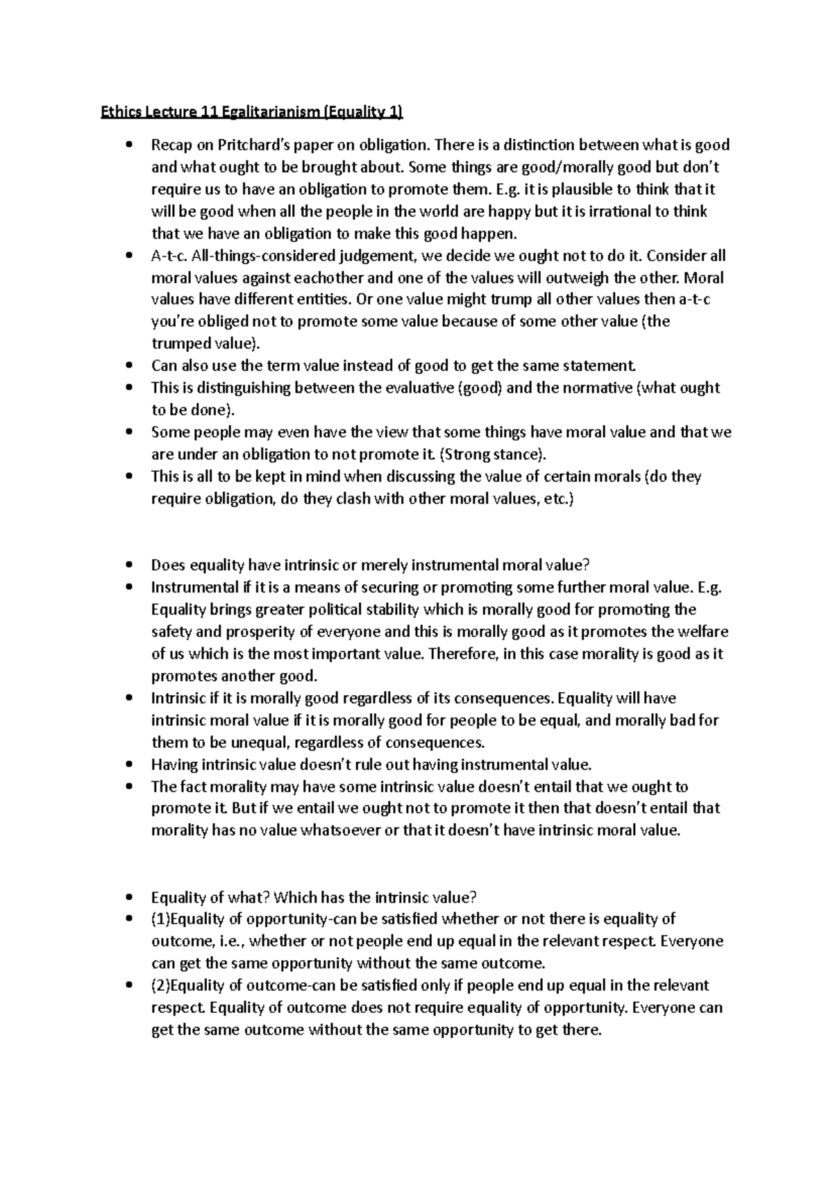 Equality-Ethics Lecture 11 and 12 - Ethics Lecture 11 Egalitarianism ...