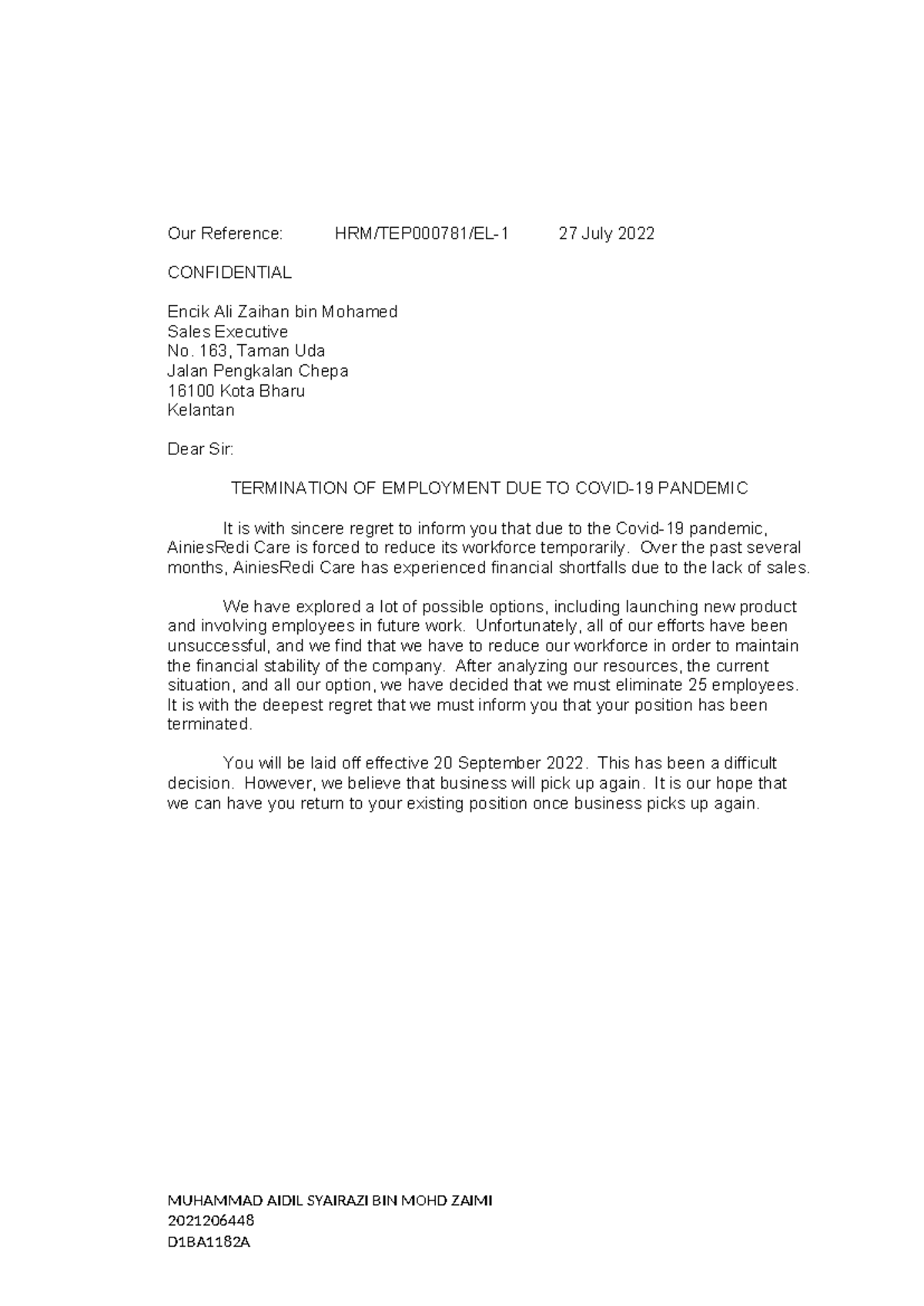 Backup TEST Letter Muhammad Aidil Syairazi - Our Reference: HRM ...