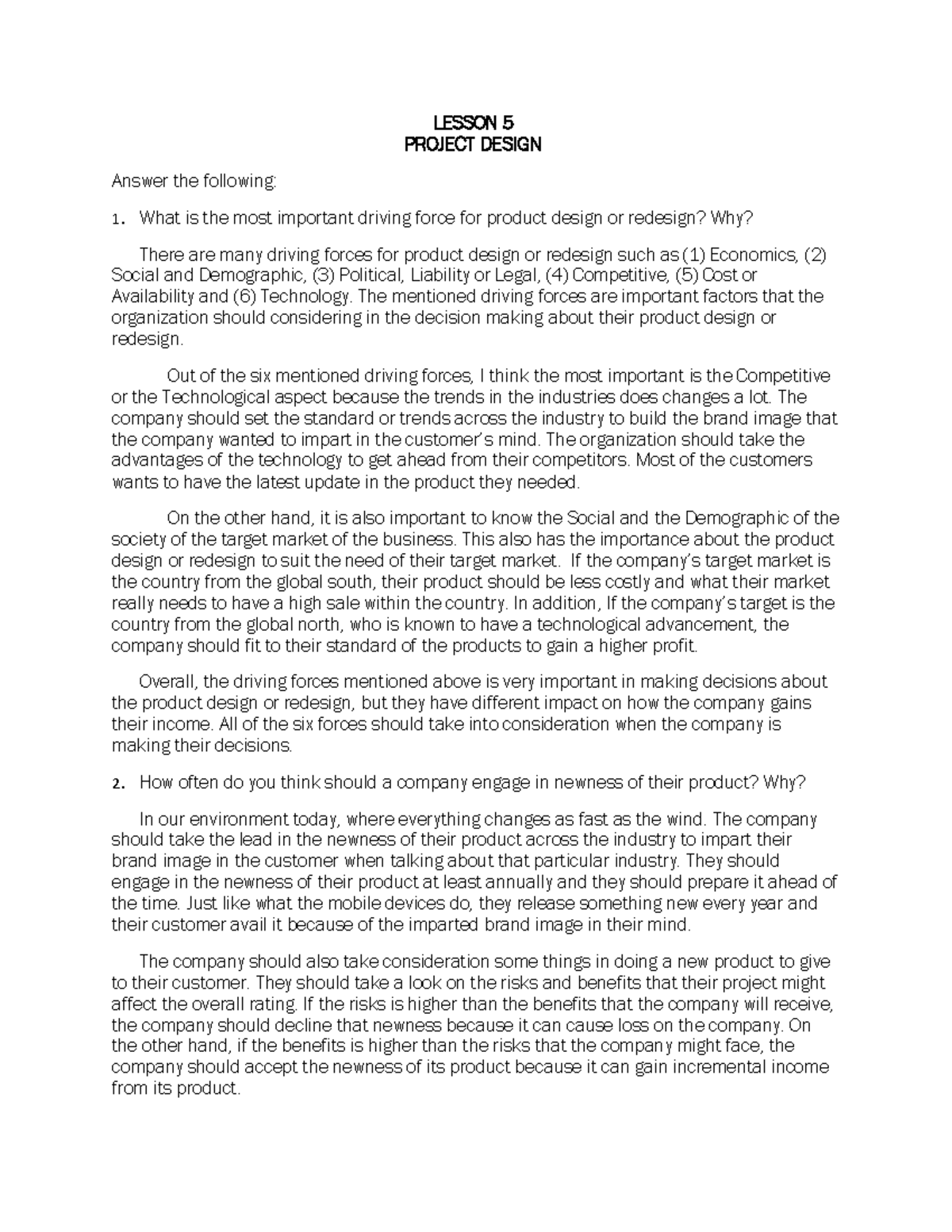 Project Design - Operations Management and TQM - LESSON 5 PROJECT ...