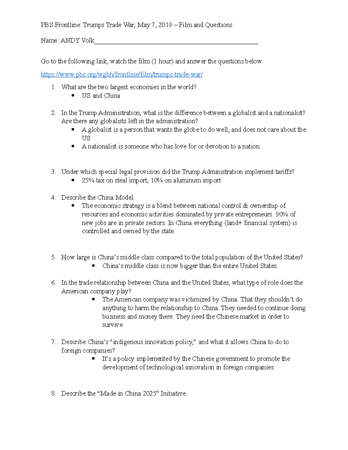 Frontline Trade War Questions - PBS Frontline: Trumps Trade War, May 7 ...