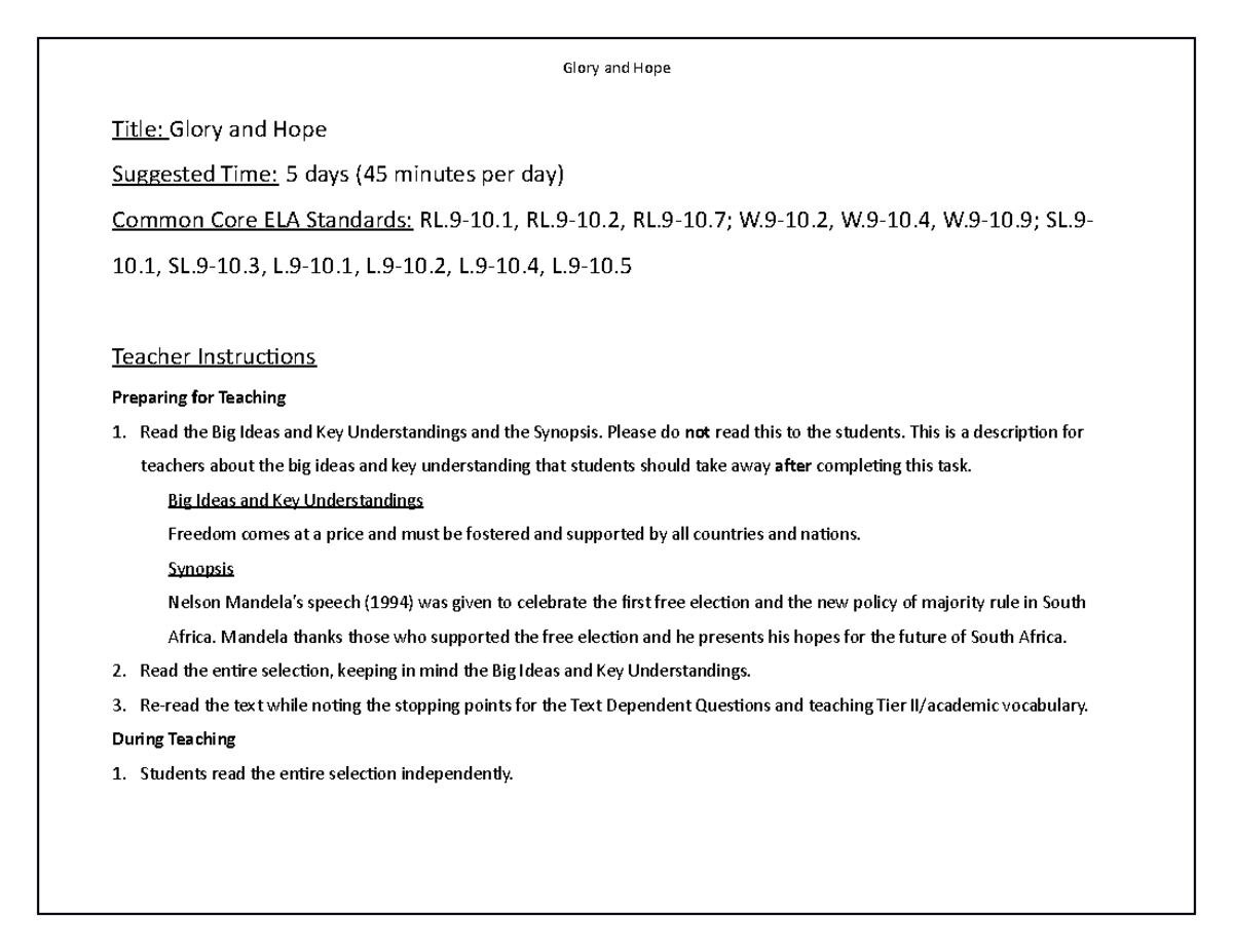 9. Glory and Hope. lesson - Story - Title: Glory and Hope Suggested ...