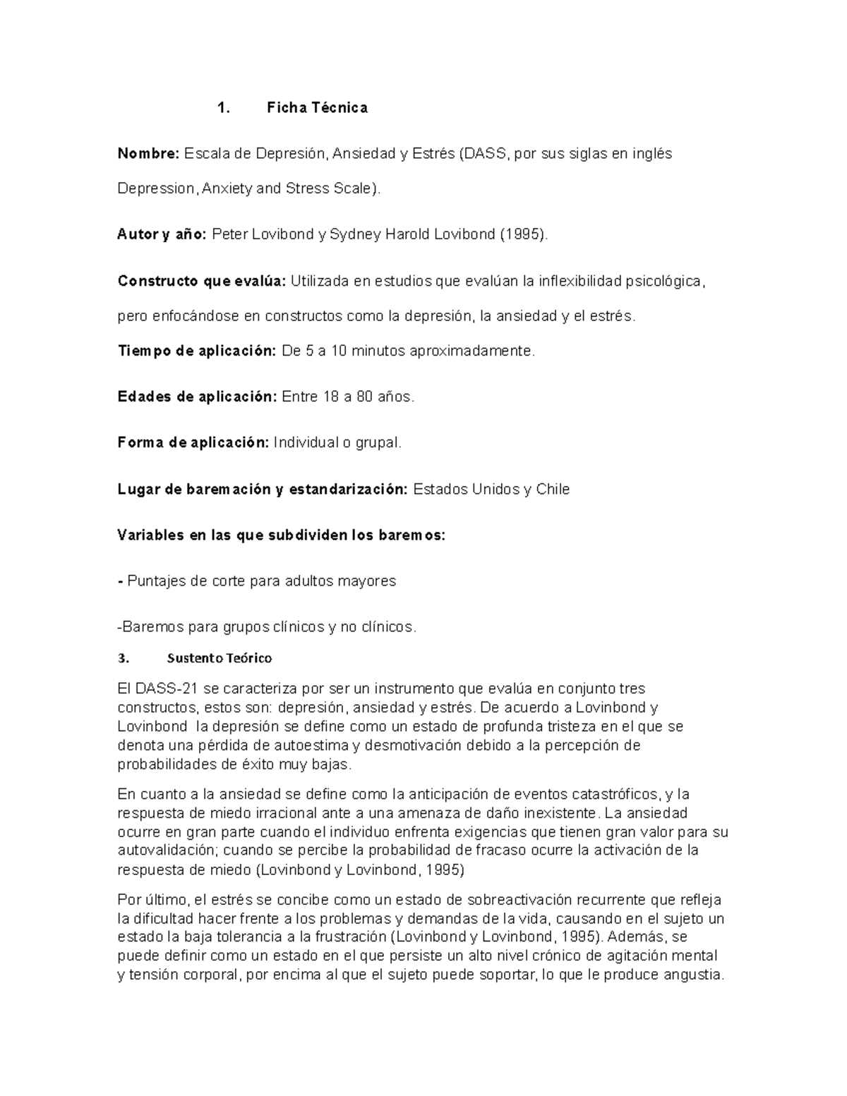 Resumen DASS-21 test - 1. Ficha Técnica Nombre: Escala de Depresión ...