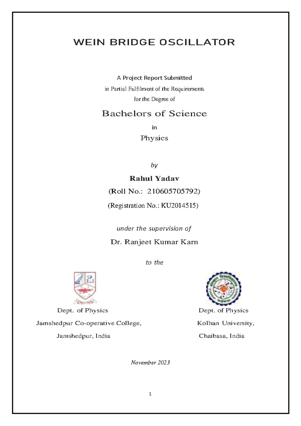 WEIN Bridge Oscillator - WEIN BRIDGE OSCILLATOR A Project Report ...