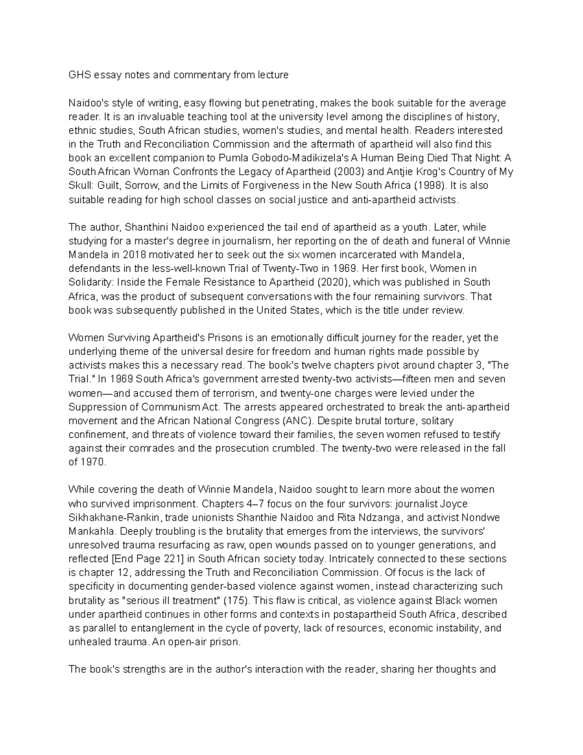 GHS essay notes and commentary from lecture - It is an invaluable ...