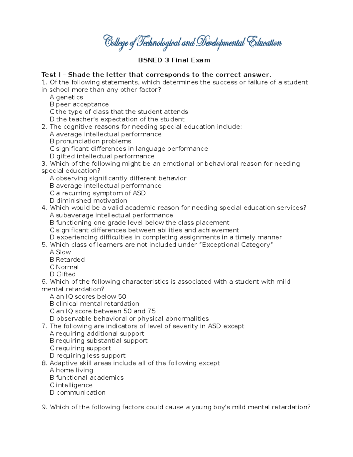Achievement Test for Bsned - BSNED 3 Final Exam Test I – Shade the ...