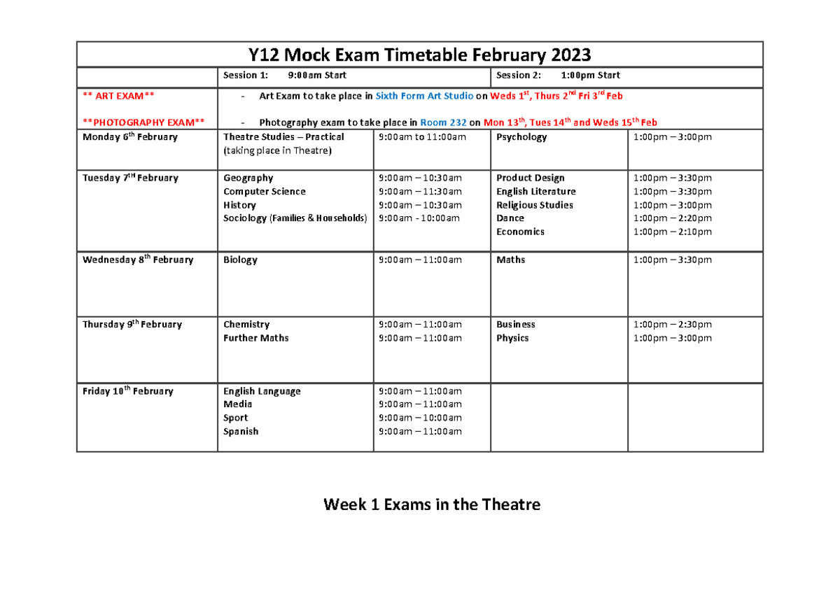 Y12 Mock Timetable February 2023 - Week 1 Exams in the Theatre Y12 Mock ...