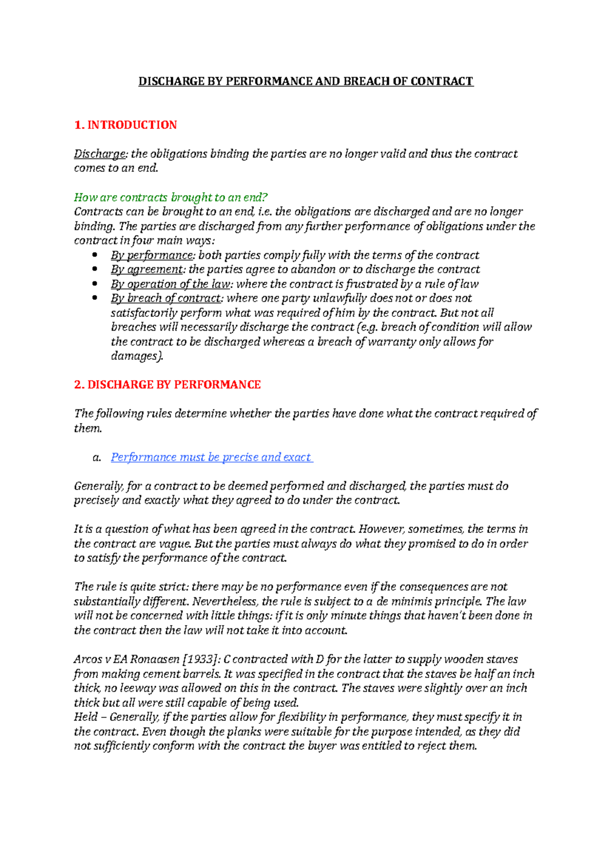 Discharge by performance and breach of contract - DISCHARGE BY ...