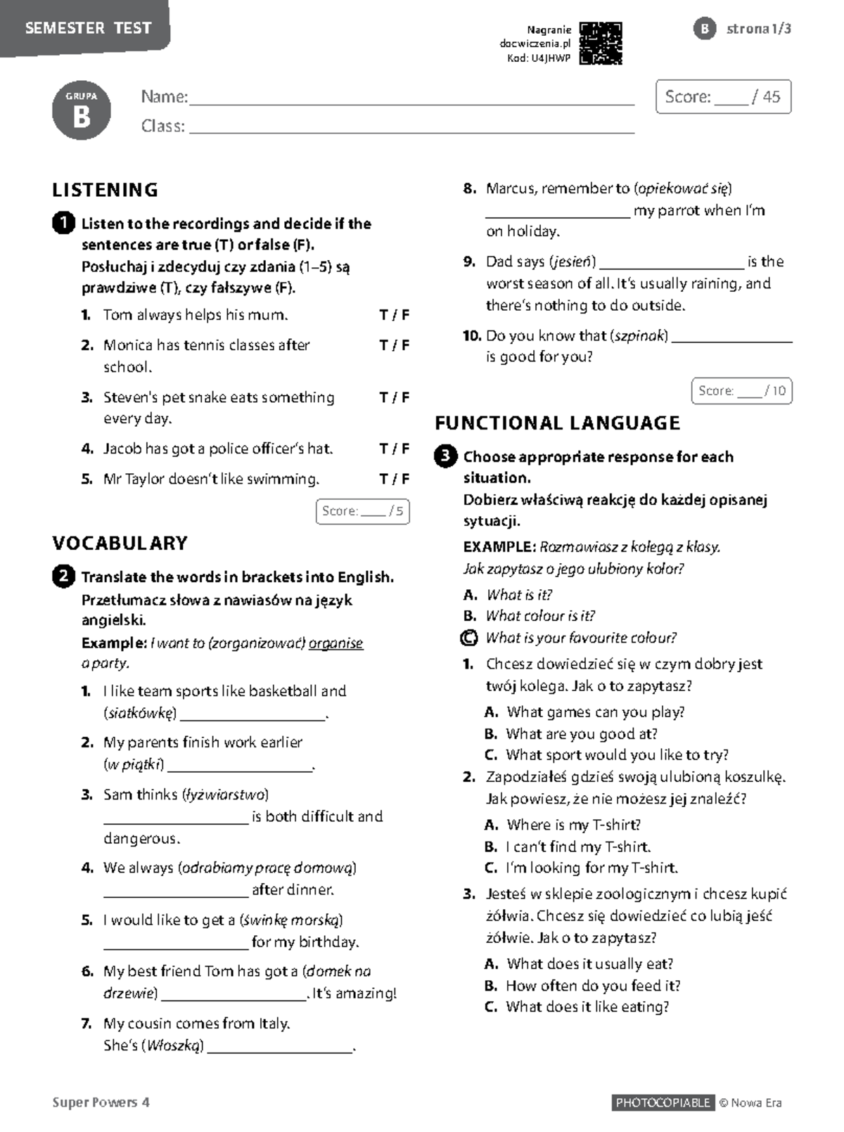 Super powers semester test b - Super Powers 4 PHOTOCOPIABLE © Nowa Era ...