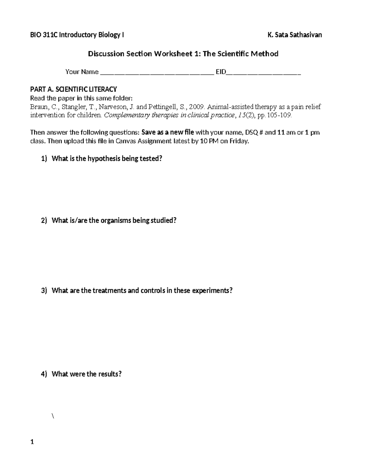 BIO 311C Worksheet - BIO 311C Introductory Biology I K. Sata Sathasivan ...