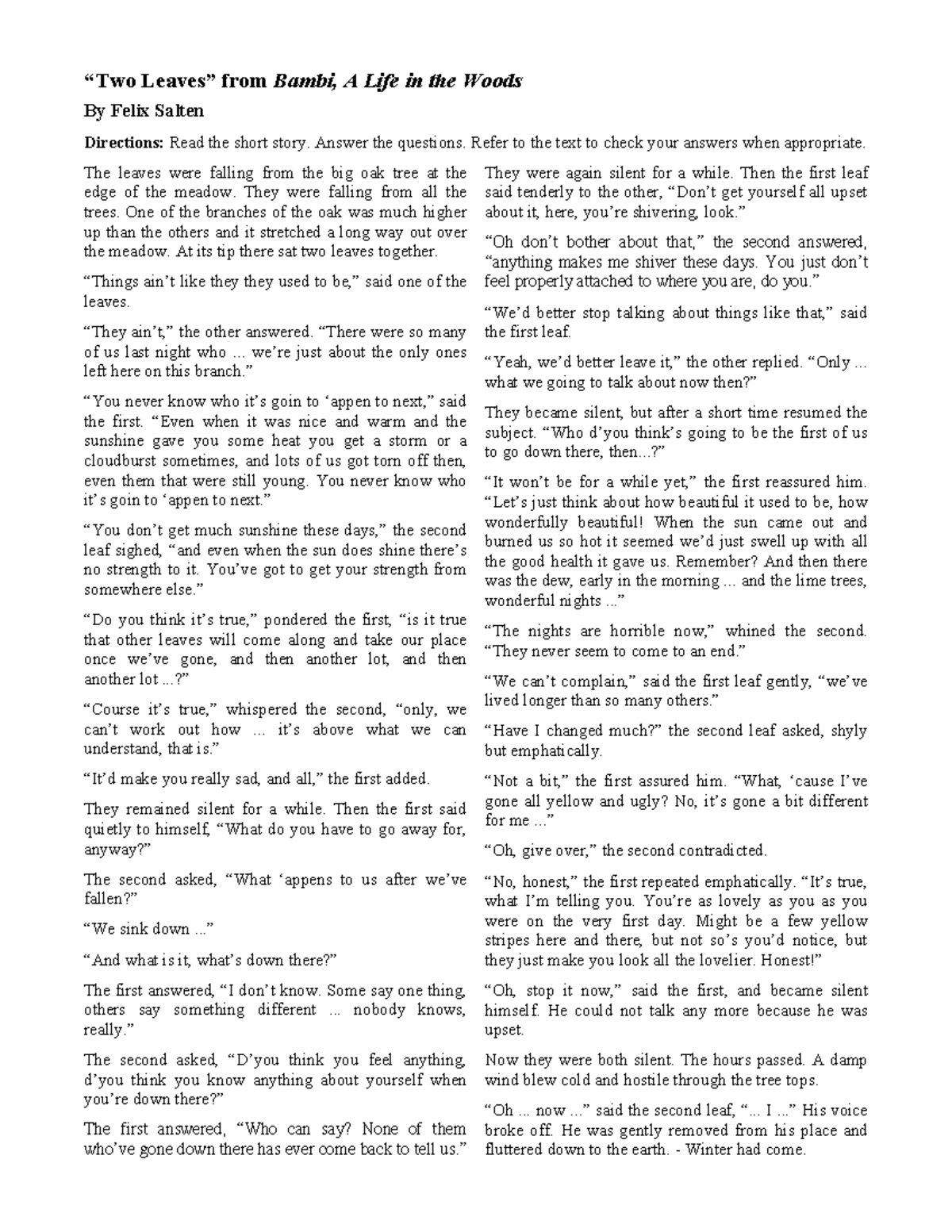 Story, Two Leaves - good - “Two Leaves” from Bambi, A Life in the Woods ...