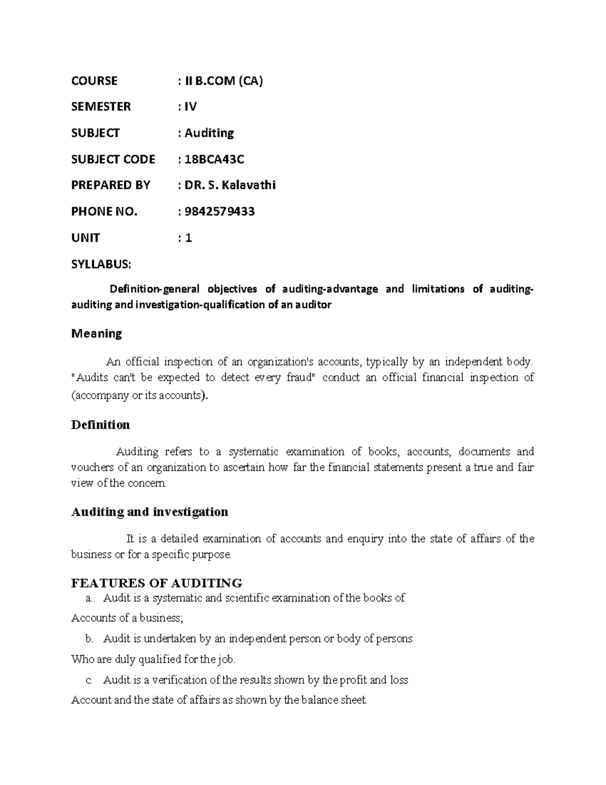 18BCA43C-U1 - Notes - COURSE : II B (CA) SEMESTER : IV SUBJECT ...