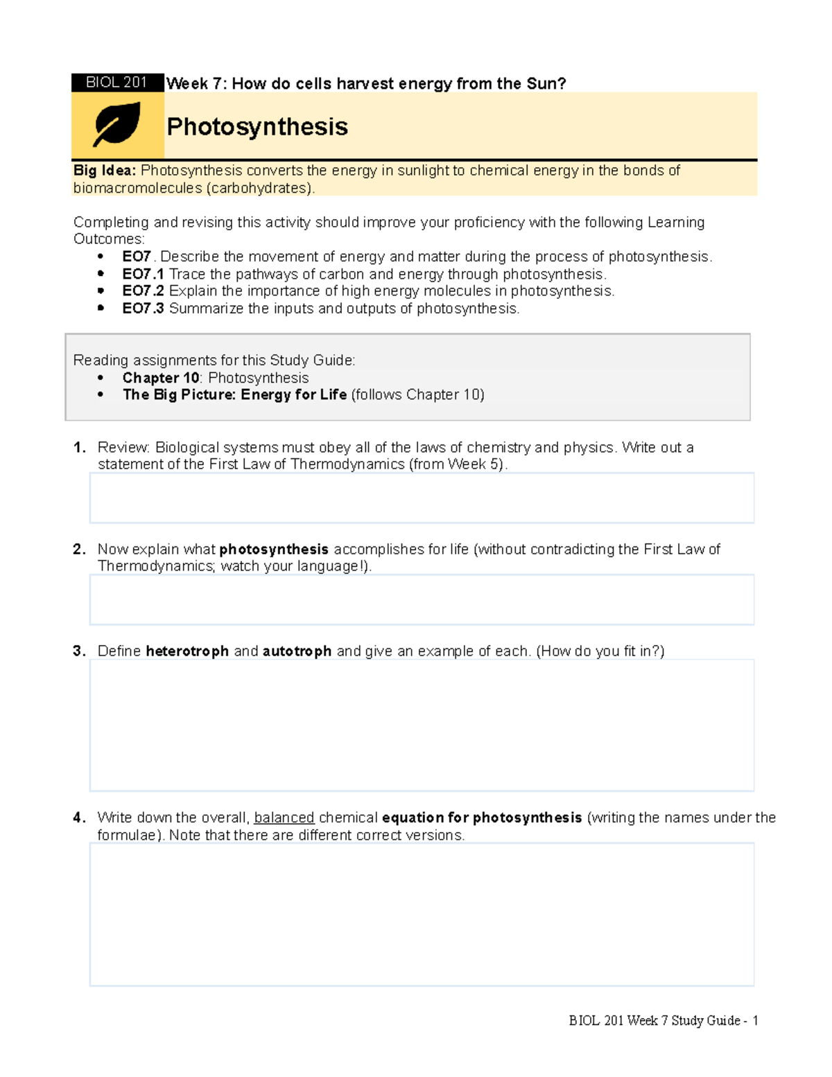 BIOL201 SG W07 Photosynthesis - BIOL 201 Week 7: How do cells harvest ...