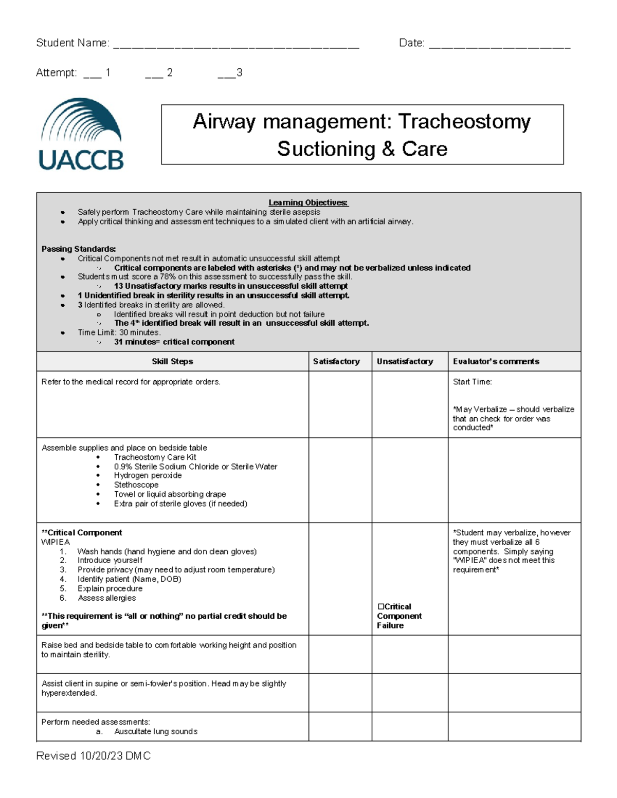 Trach Care Formal Check off - Student Name ...