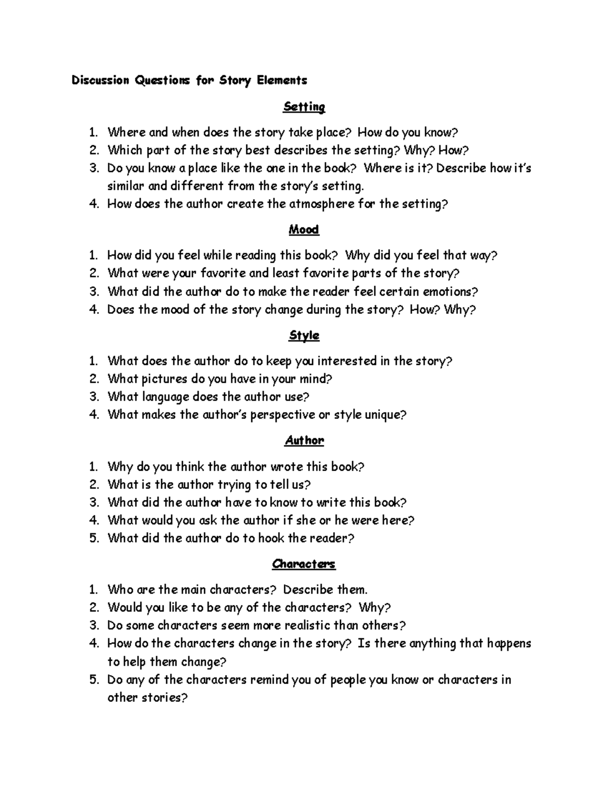 Story elements - class notes - Discussion Questions for Story Elements ...