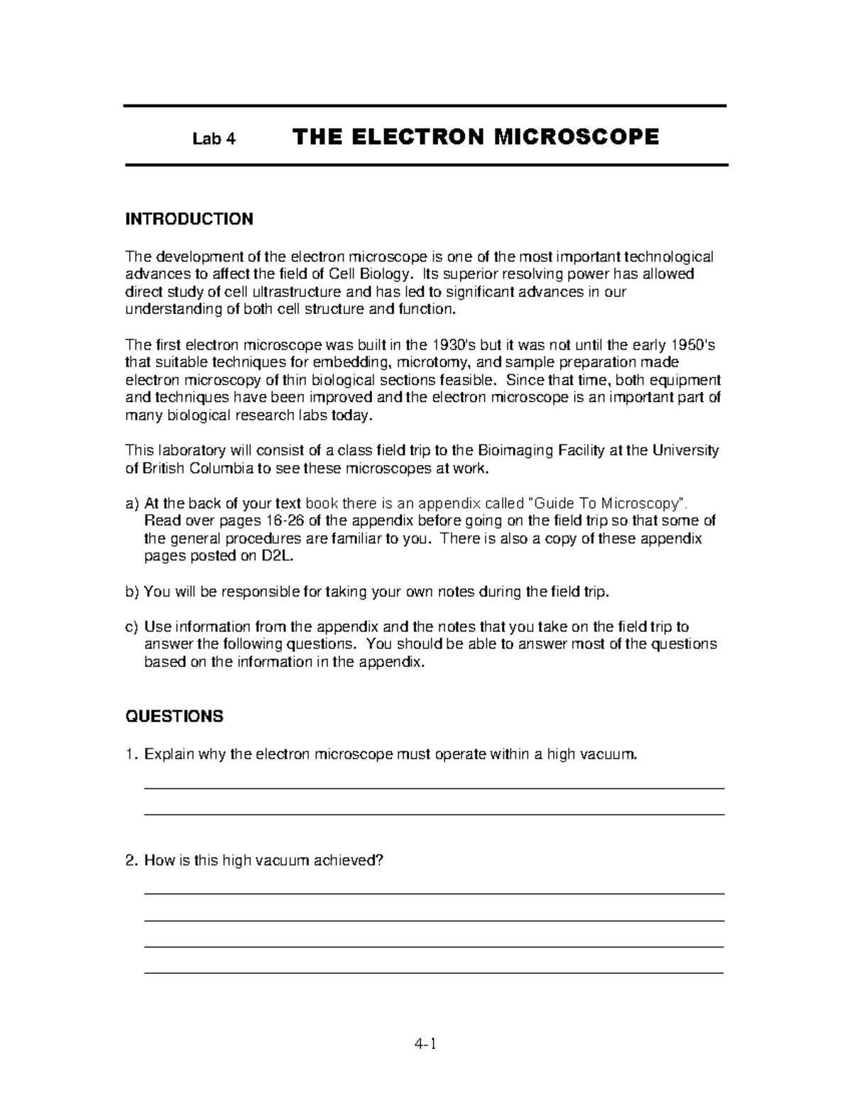 Lab 4 - The Electron Microscope - Lab 4 THE ELECTRON MICROSCOPE ...