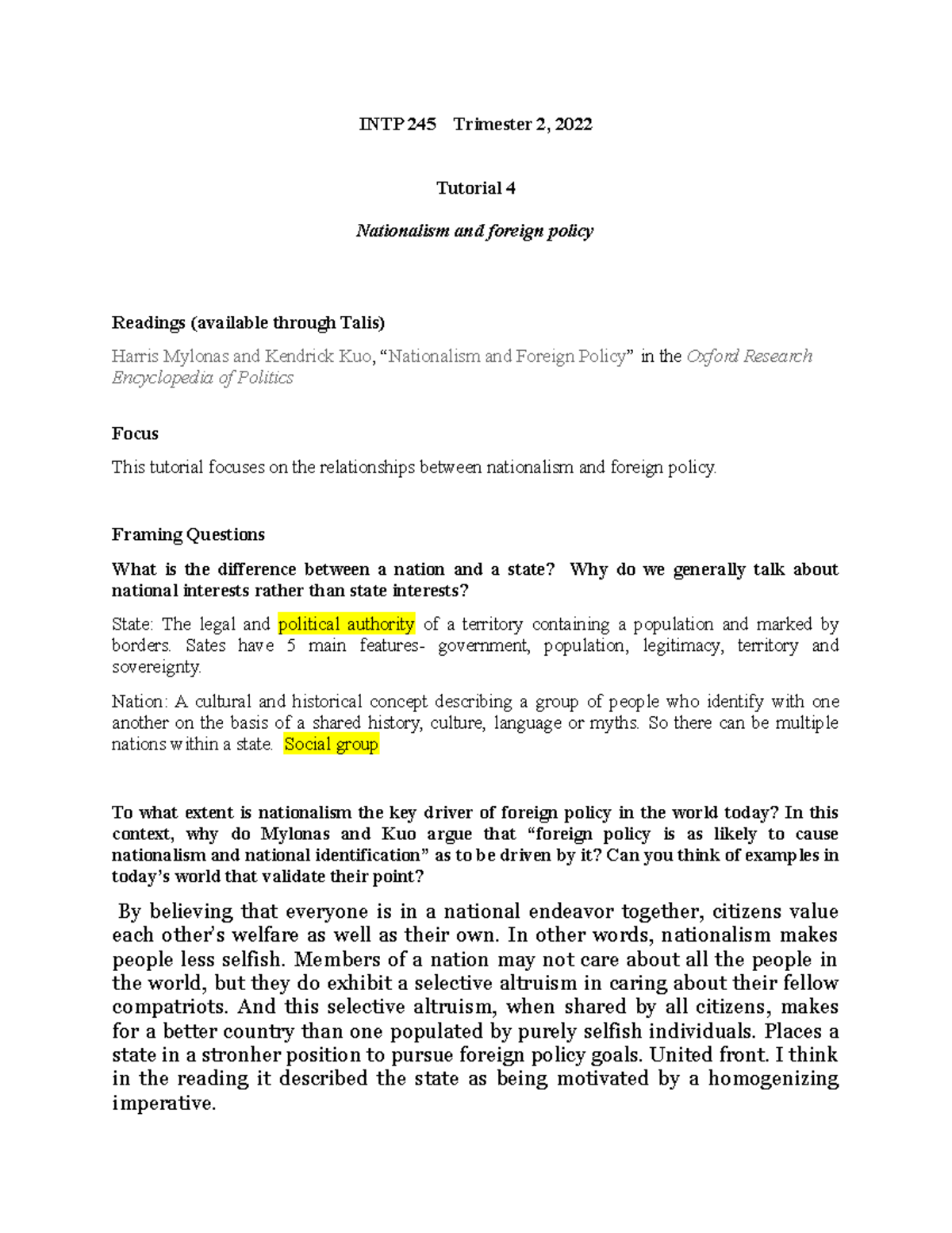 INTP 245 Tutorial 4 - INTP 245 Trimester 2, 2022 Tutorial 4 Nationalism ...