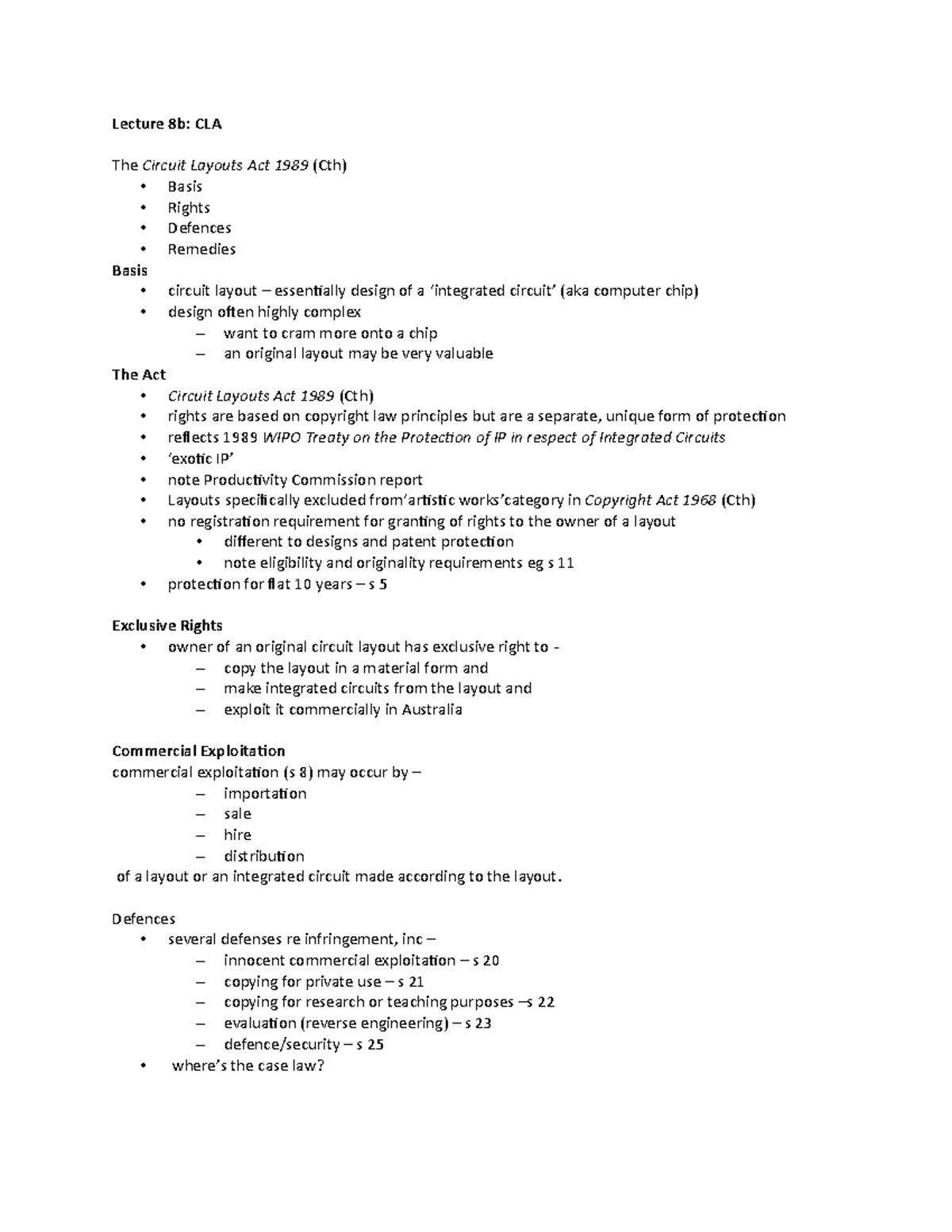 Lecture 8 part 2 - Lecture 8b: CLA The Circuit Layouts Act 1989 (Cth ...