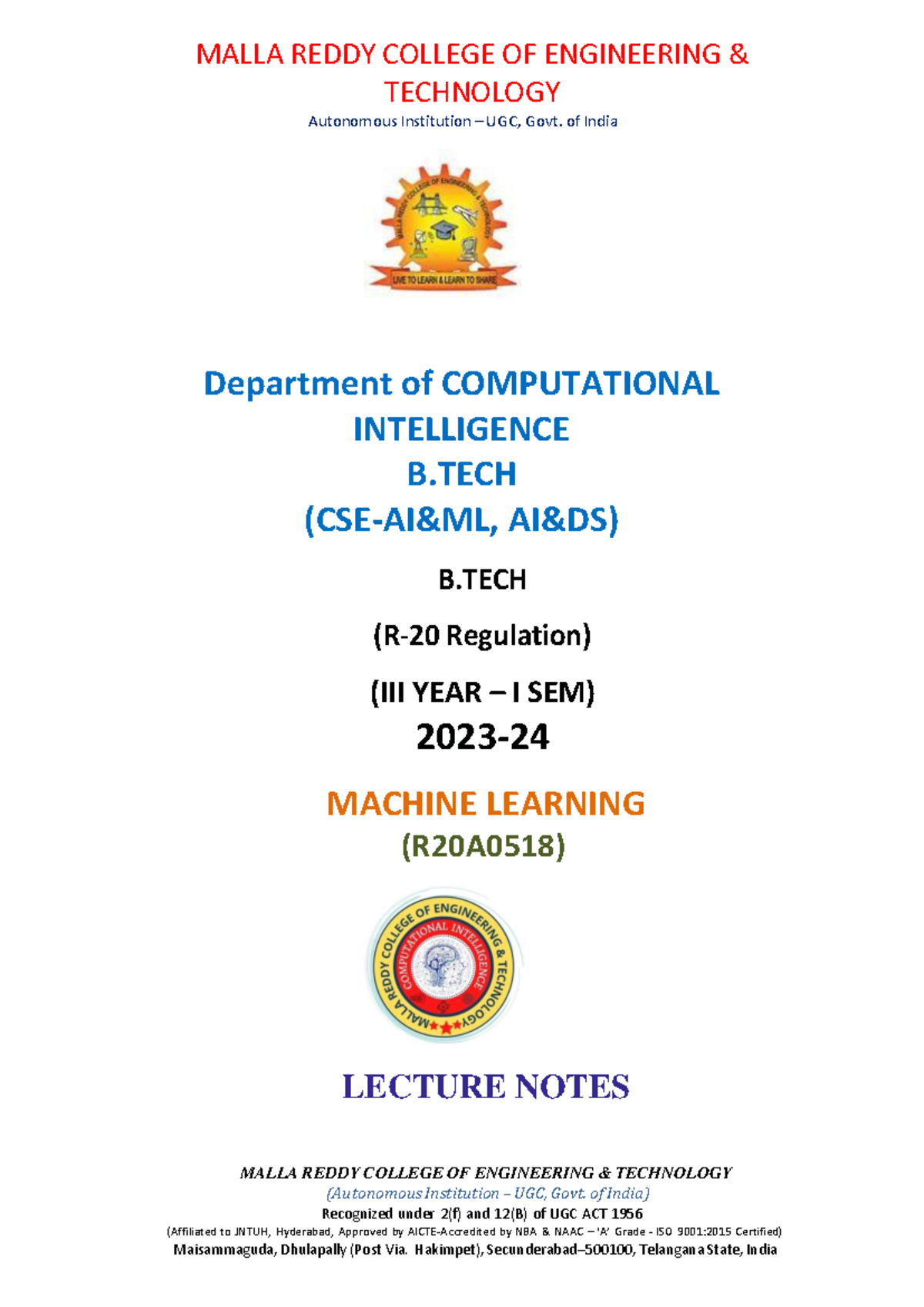 Machine Learning - MALLA REDDY COLLEGE OF ENGINEERING & TECHNOLOGY ...